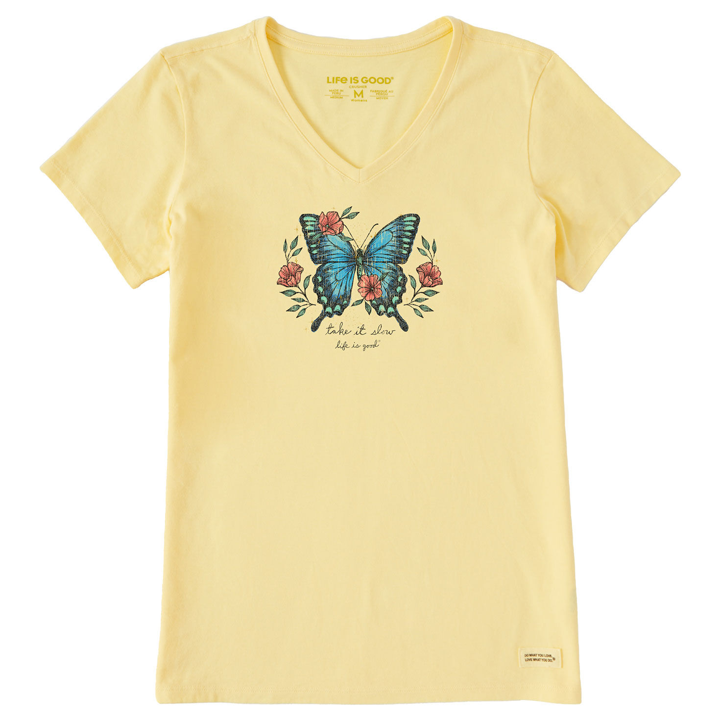 Life Is Good Women's Butterfly Yellow V-Neck T-Shirt - Shirts ...