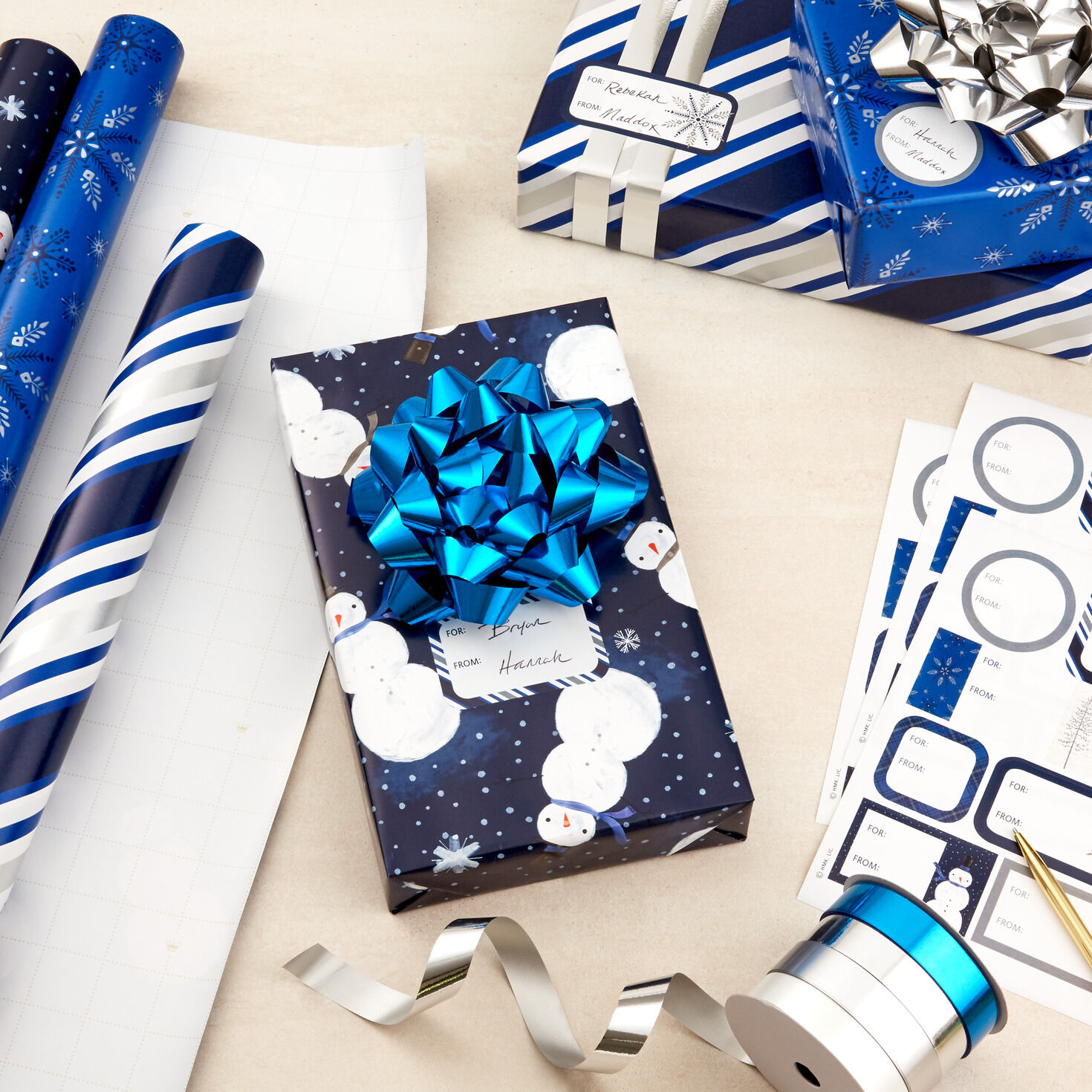 Blue and Silver Gift Wrap Kit With Holiday Wrapping Paper, Bows ...