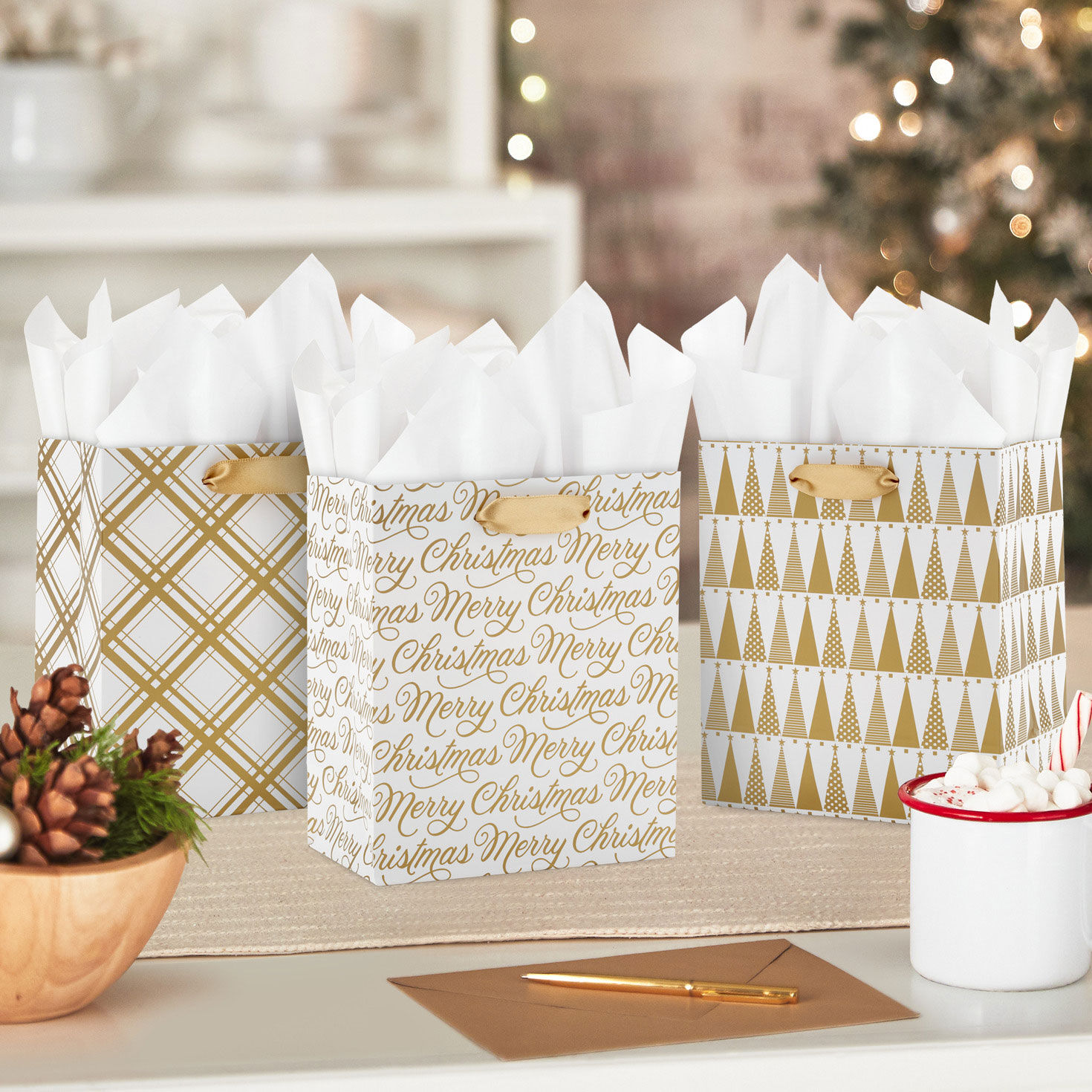 6.5" Ivory and Gold 6-Pack Assorted Small Christmas Gift Bag Bundle ...