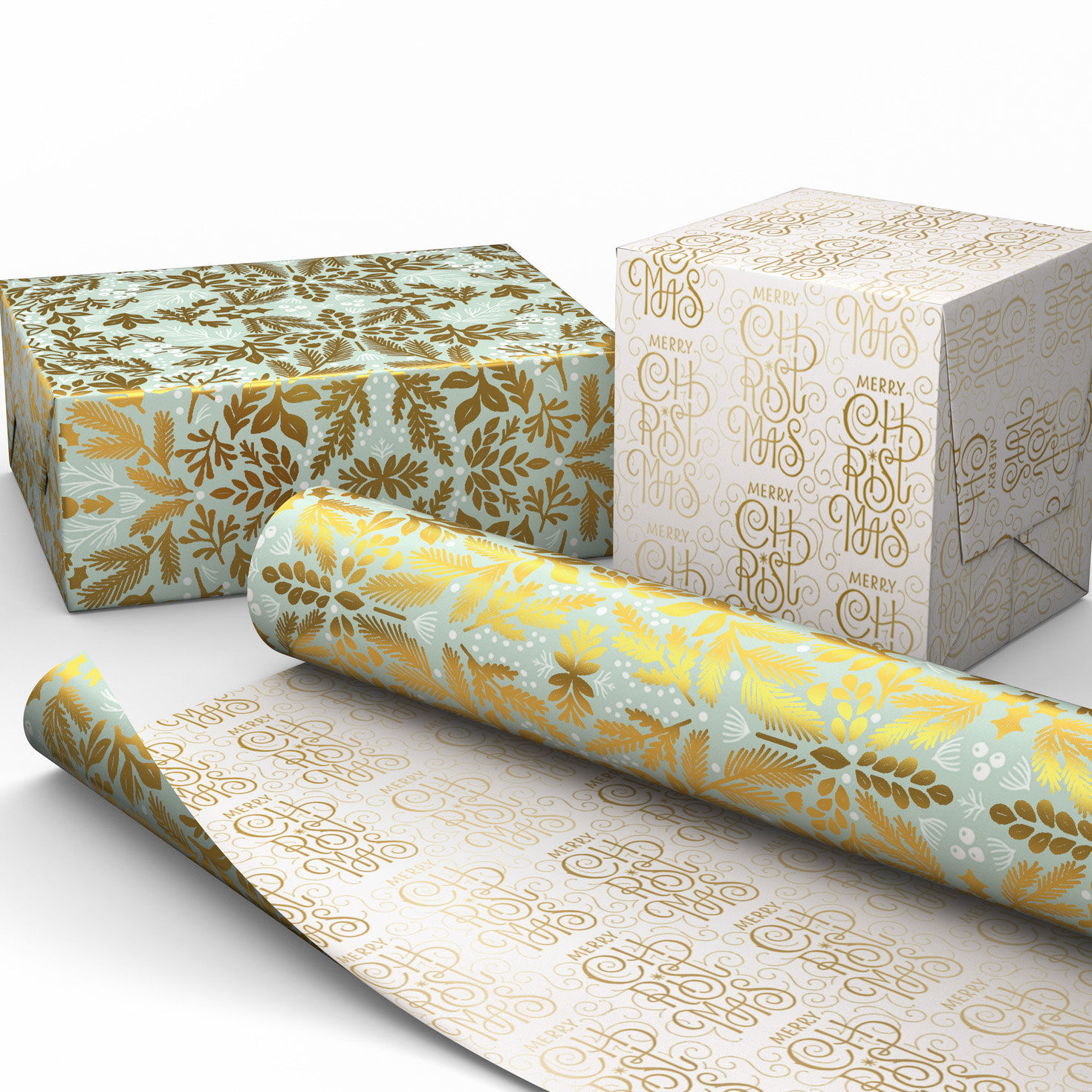 Gold Floral on Blue/Merry Christmas Reversible Wrapping Paper Roll, 30 ...
