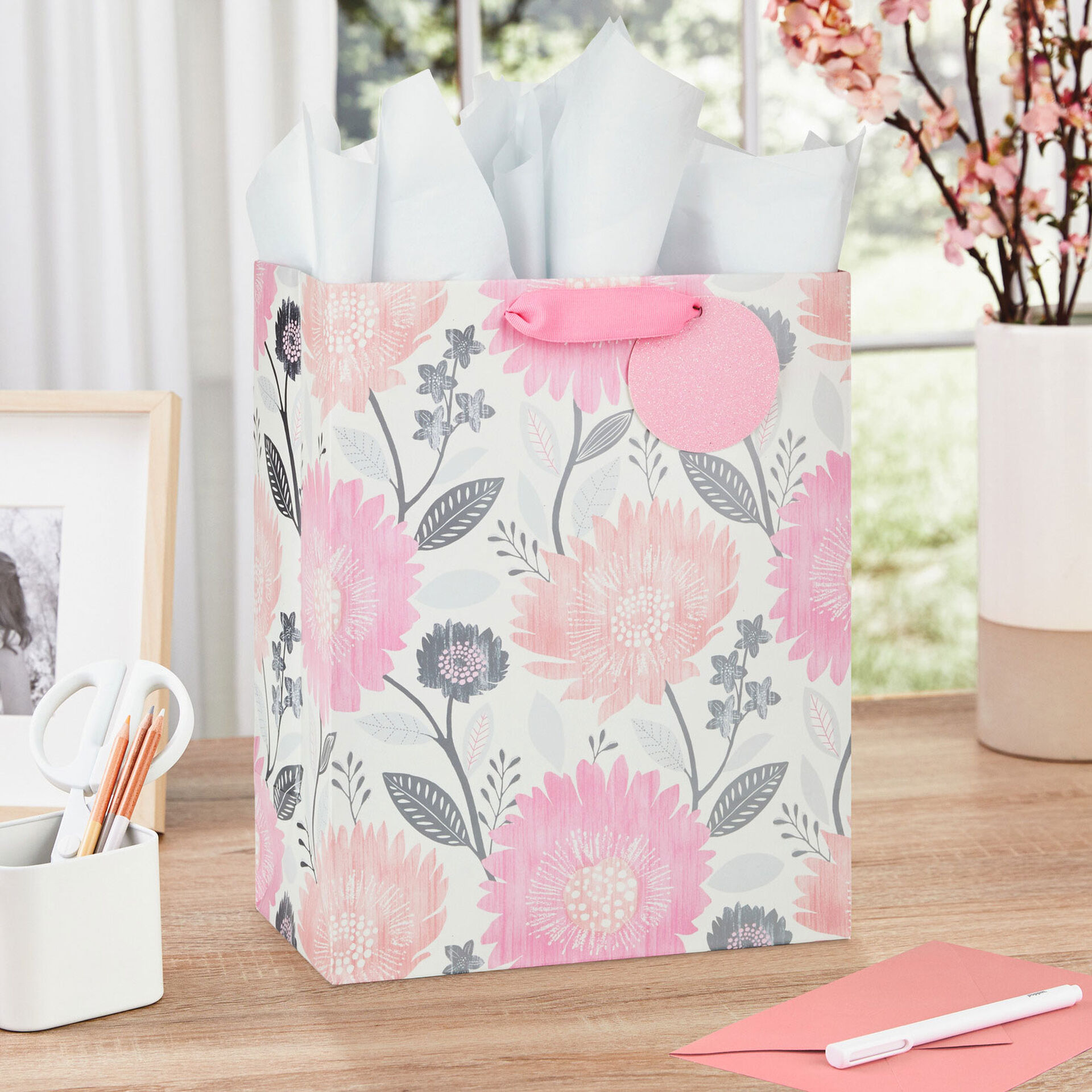13" Pink and Peach Floral Large Gift Bag With Tissue Paper - Gift Bags ...