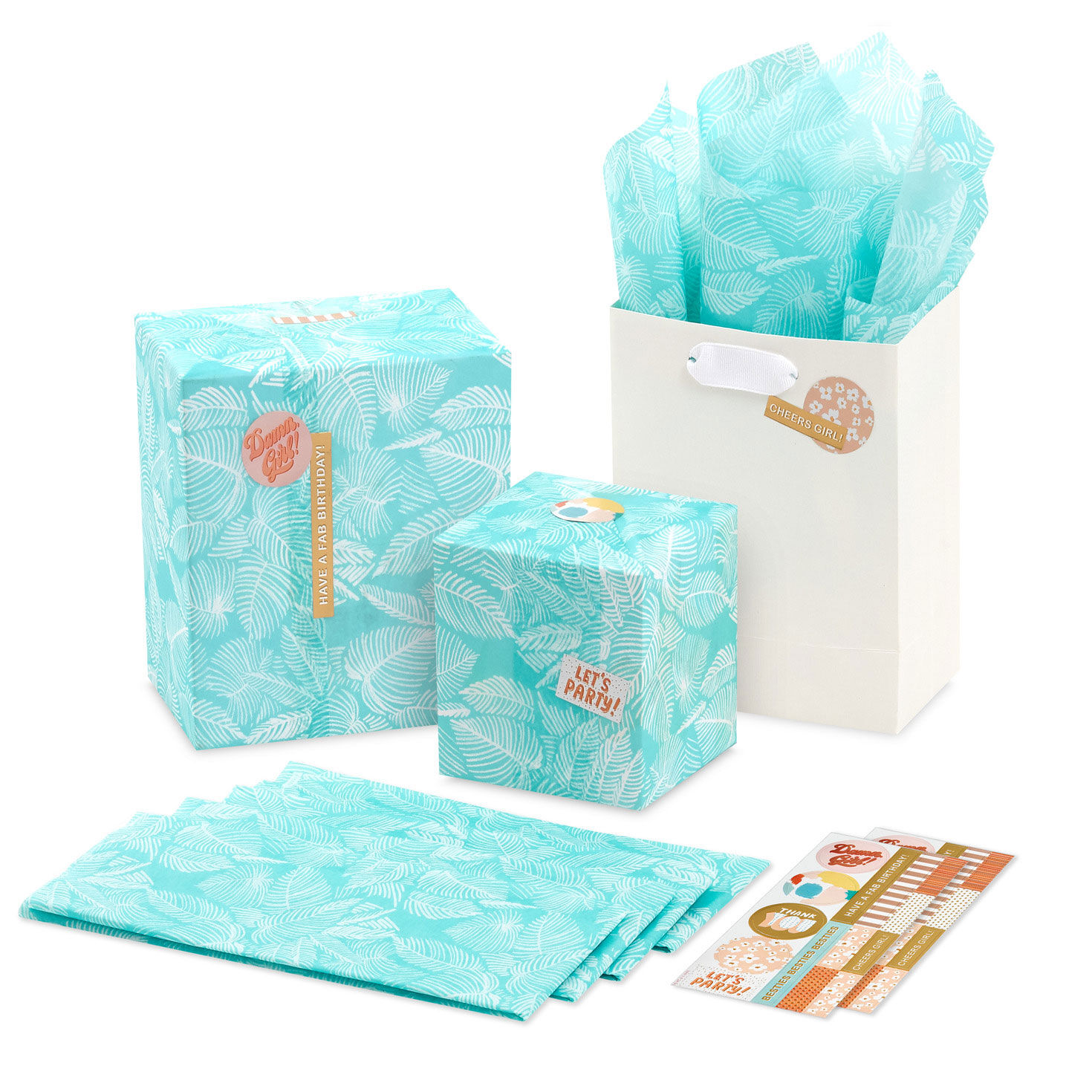 Tropical Leaves on Aqua Tissue Paper With Gift Tag Stickers, 6 sheets ...