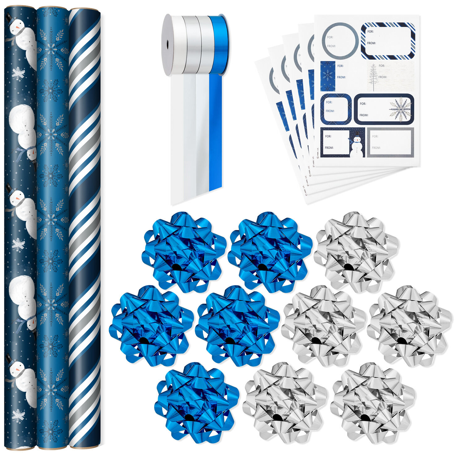 Blue and Silver Gift Wrap Kit With Holiday Wrapping Paper, Bows ...