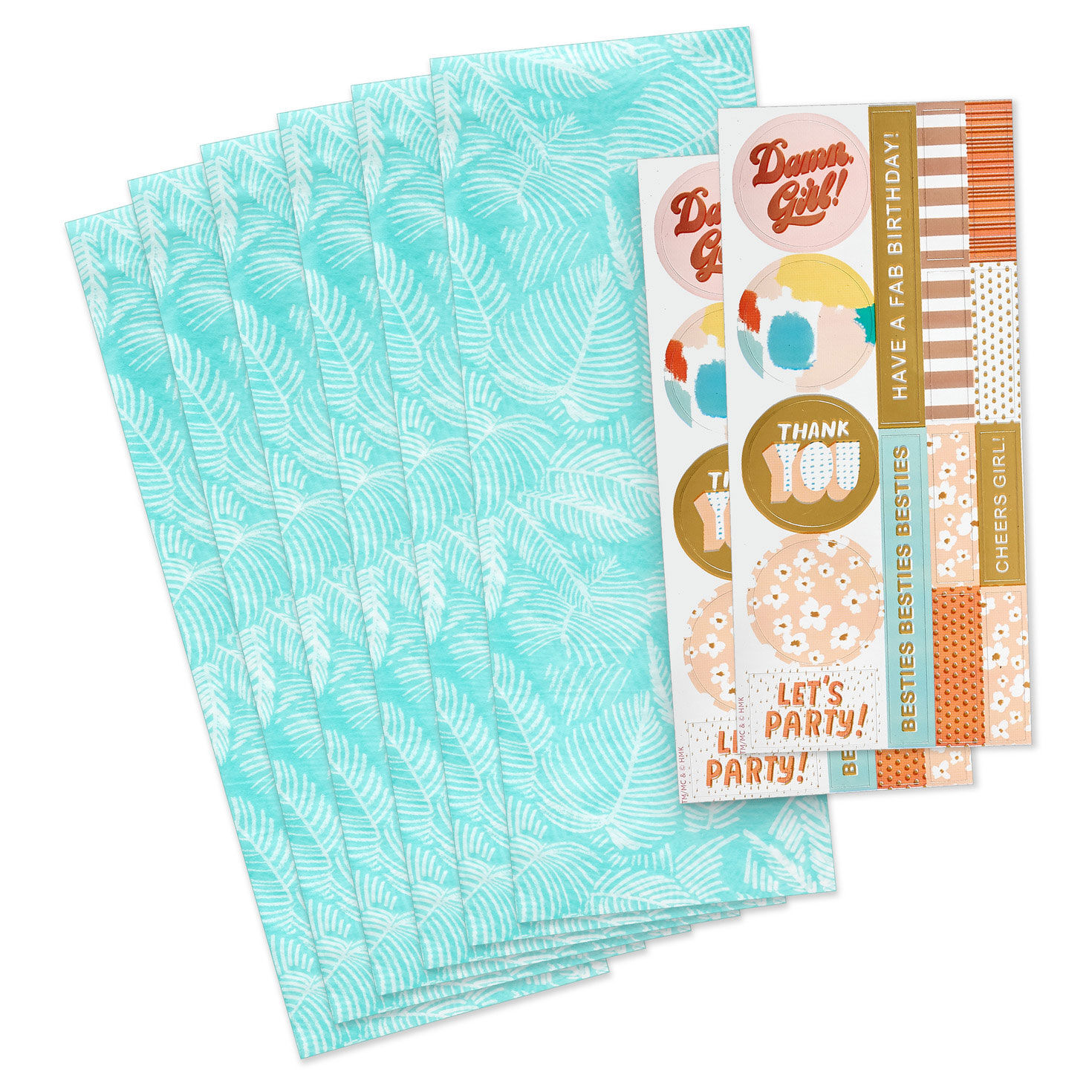 Tropical Leaves on Aqua Tissue Paper With Gift Tag Stickers, 6 sheets ...