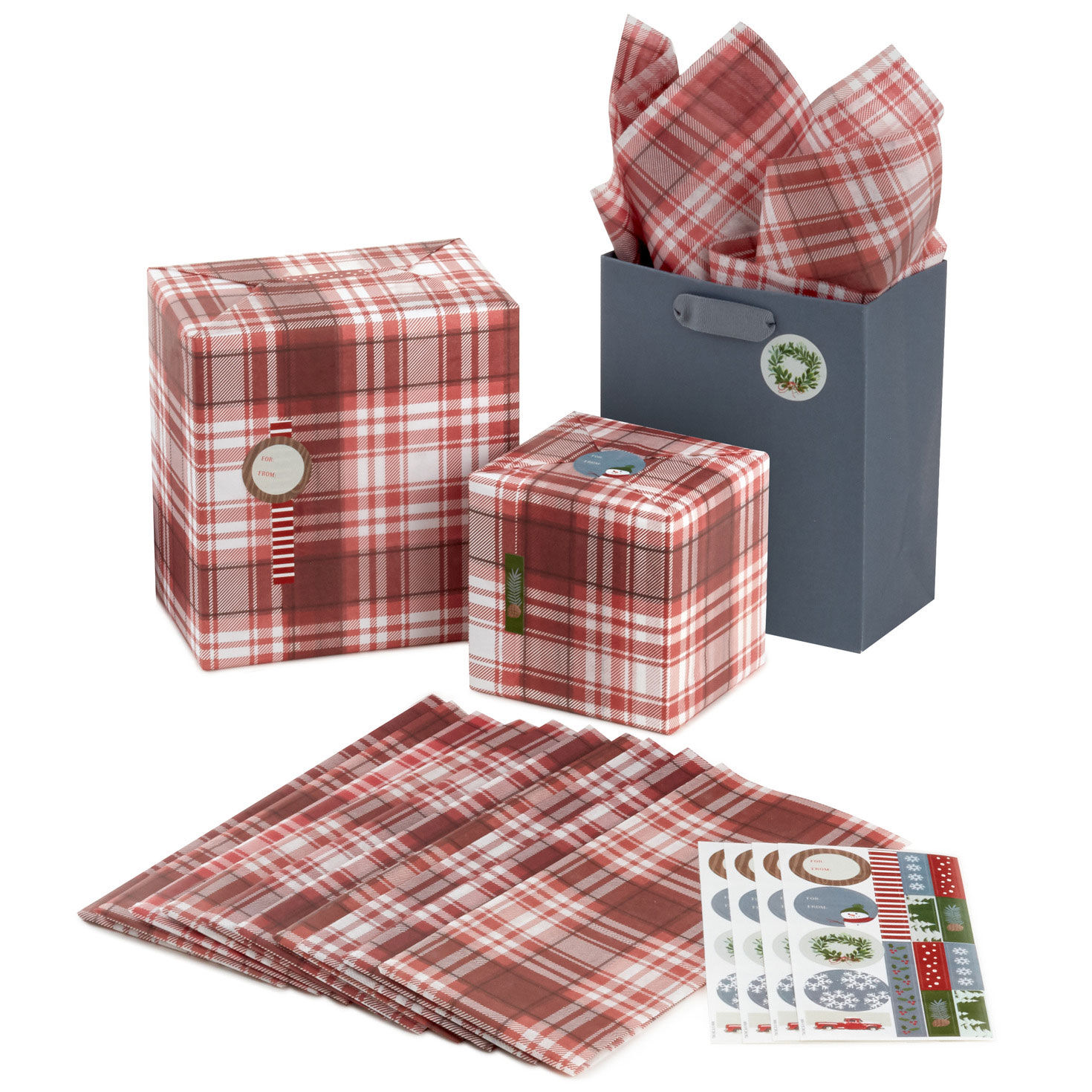Red and White Holiday Plaid Tissue Paper With Gift Tag Stickers, 10 ...