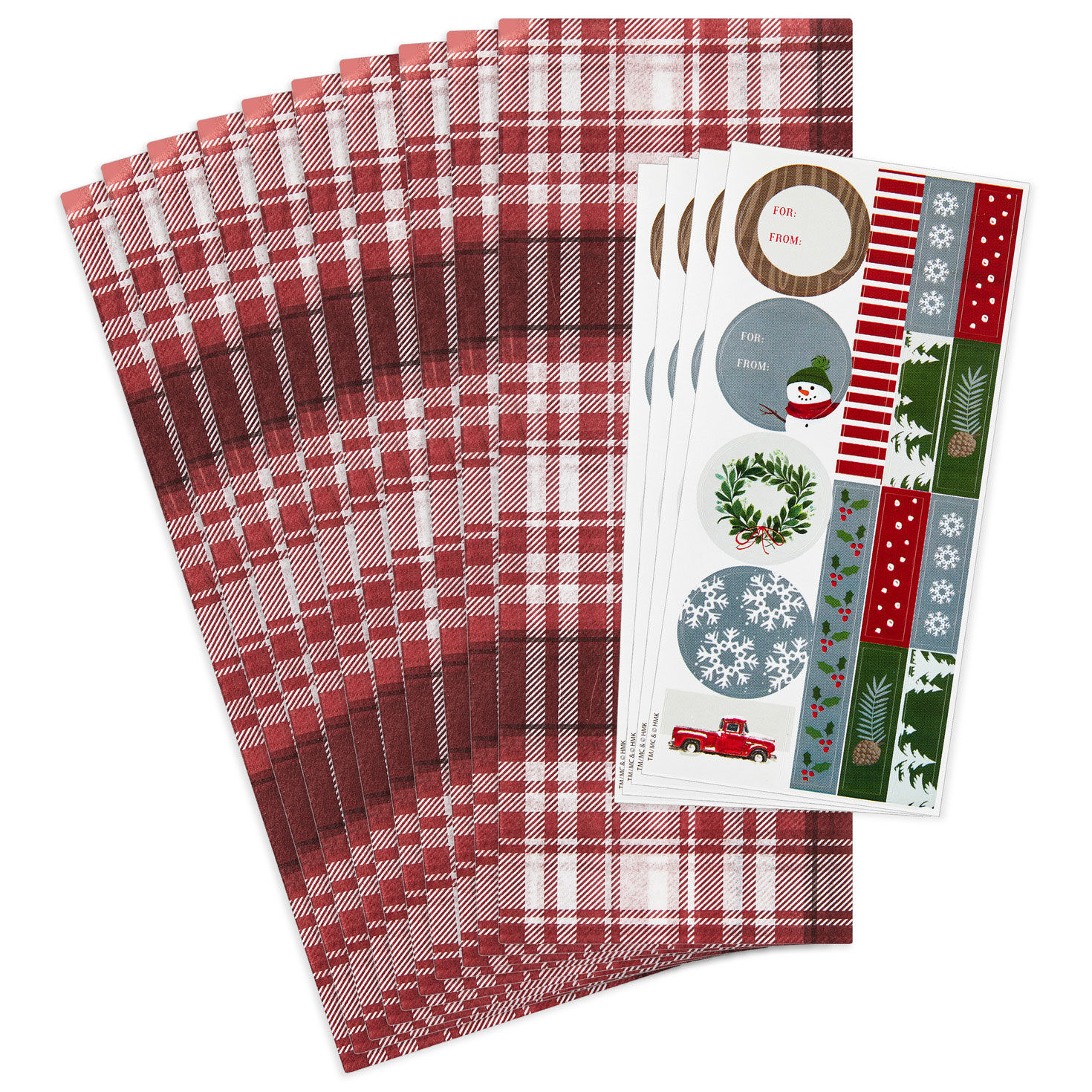 Red and White Holiday Plaid Tissue Paper With Gift Tag Stickers, 10 ...