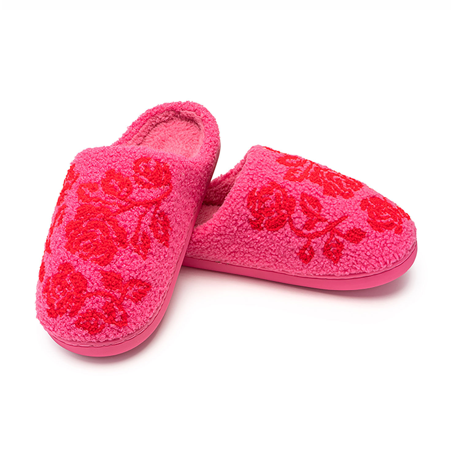 Living Royal Red Bouquet on Pink Plush Slippers - Socks & Slippers ...