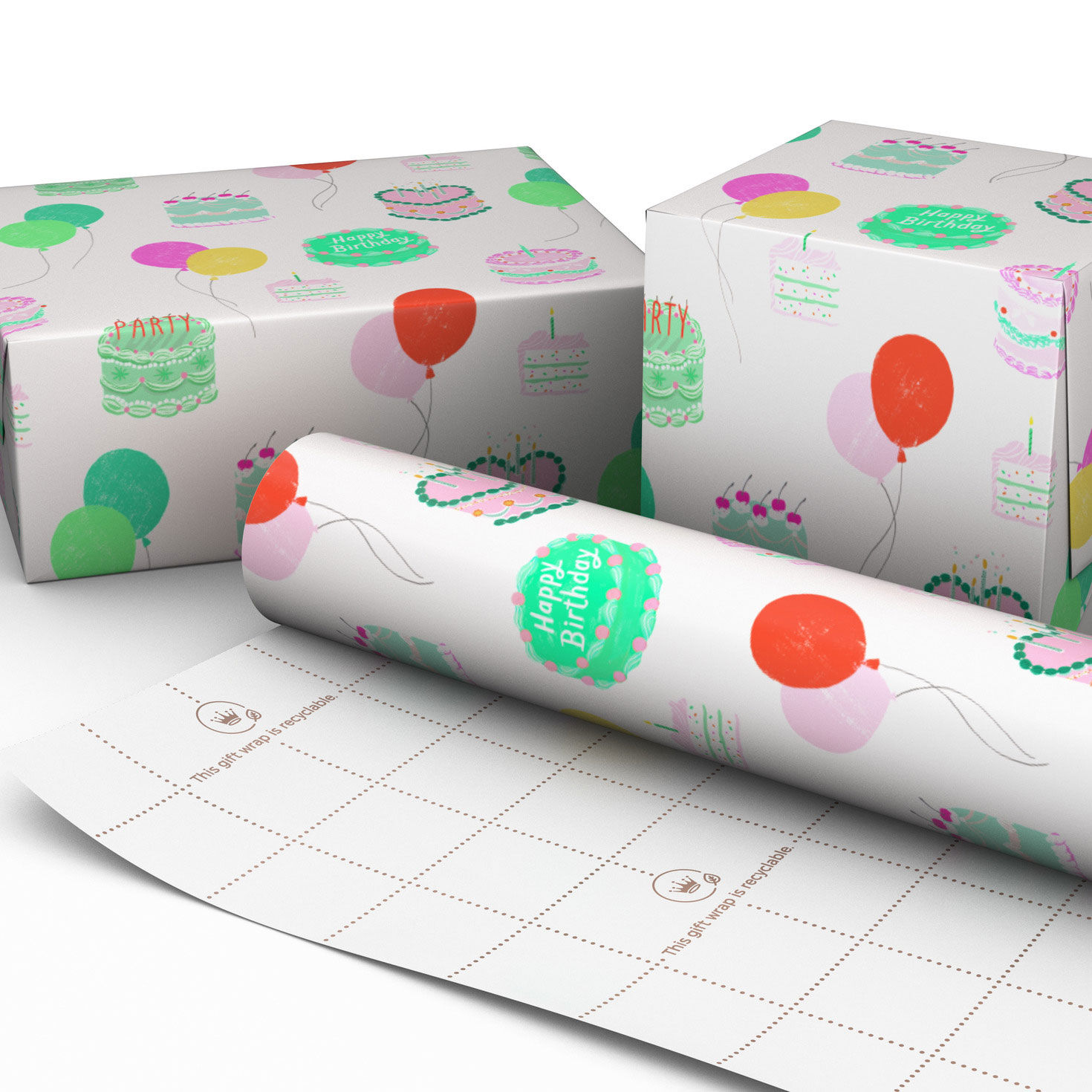 Colorful Birthday Cakes on White Wrapping Paper Roll, 20 sq. ft ...