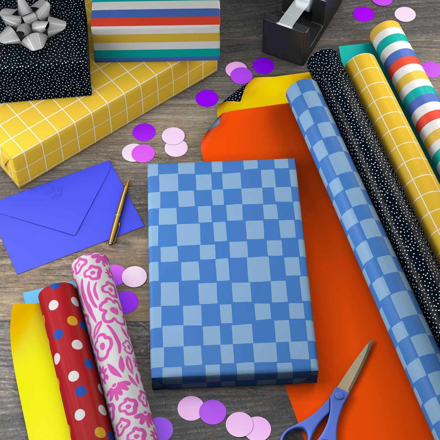 Bold Shapes 6-Pack Assorted Reversible Wrapping Paper Roll Bundle, 150 ...