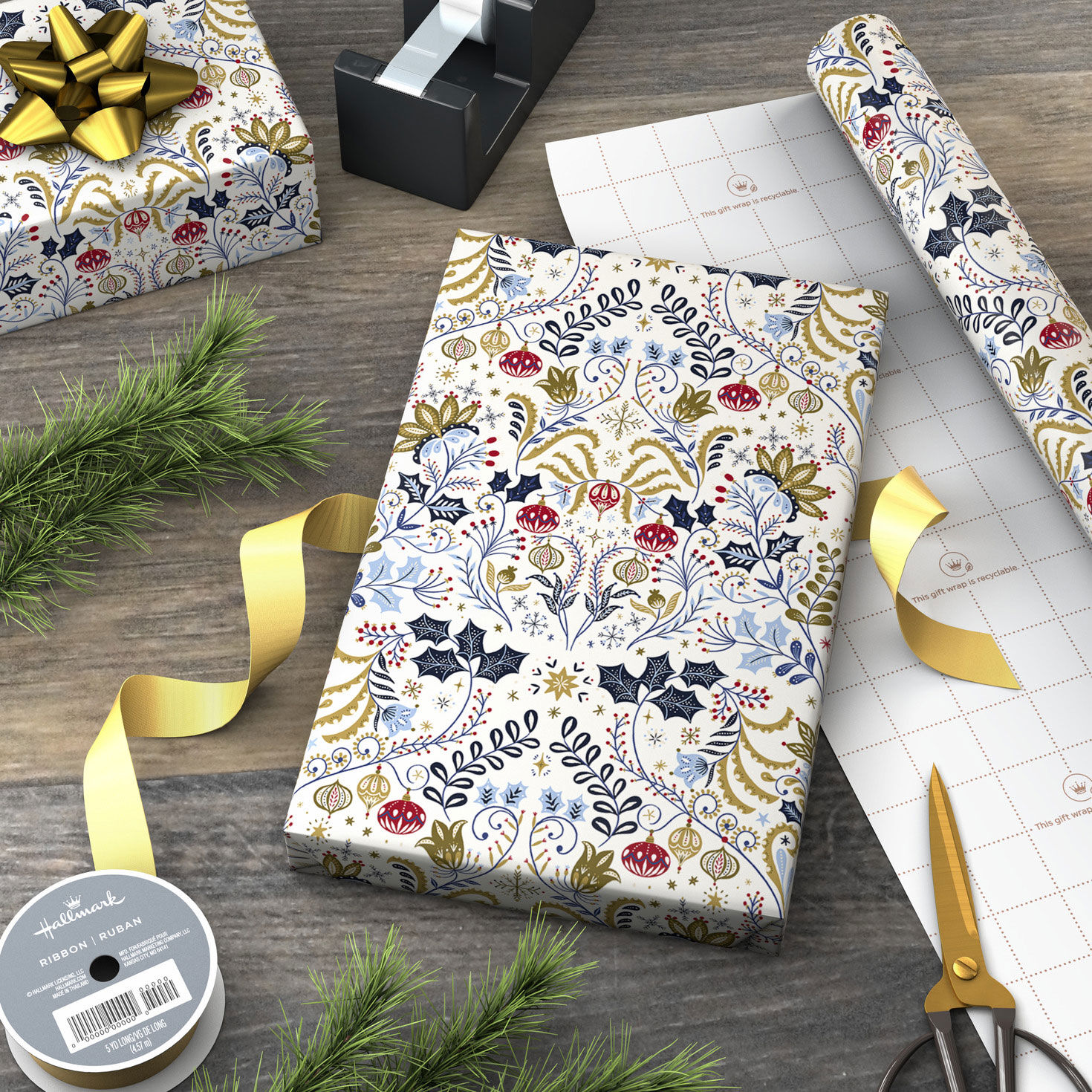 Colorful Holiday Toile on White Wrapping Paper Roll, 35 sq. ft ...