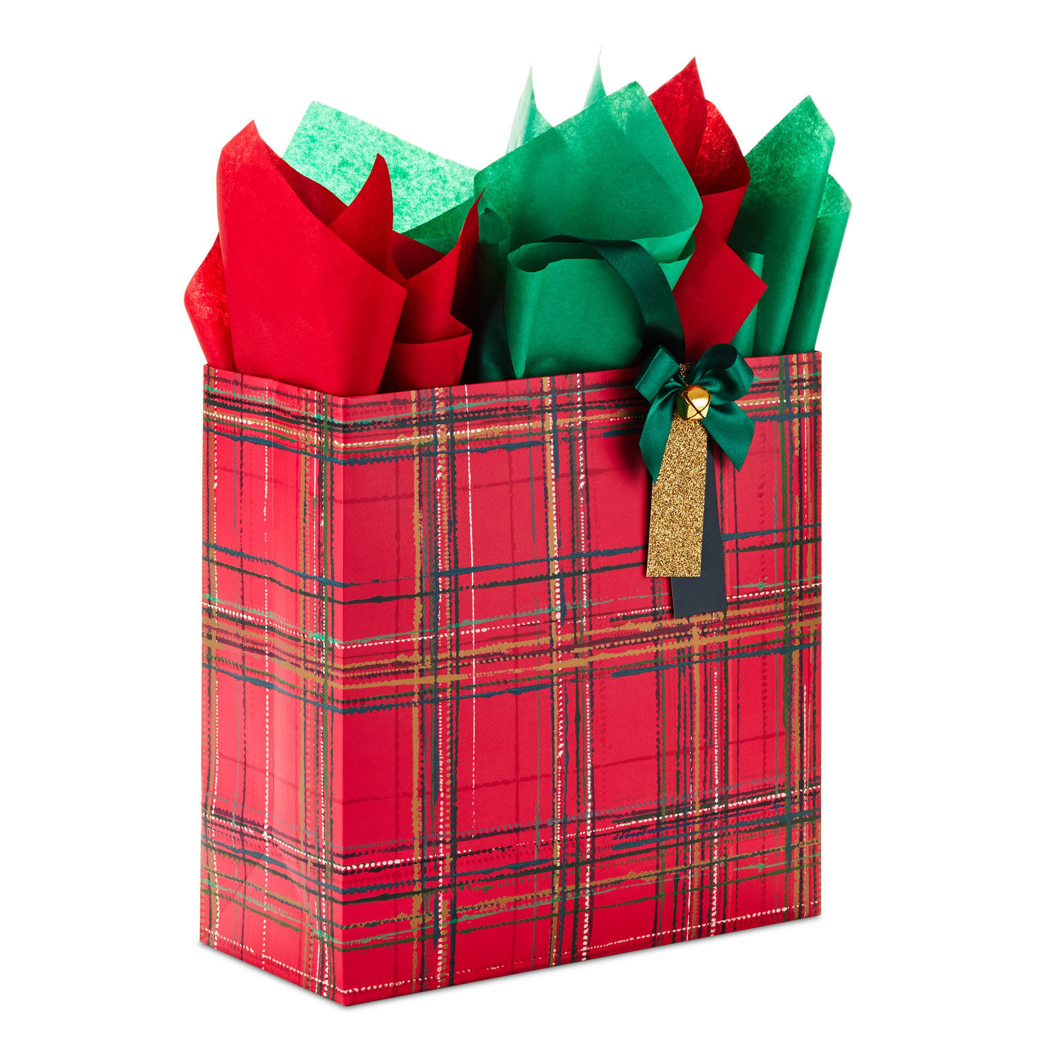 12.5" Red Plaid With Bell Extra-Large Christmas Gift Bag With Tissue ...