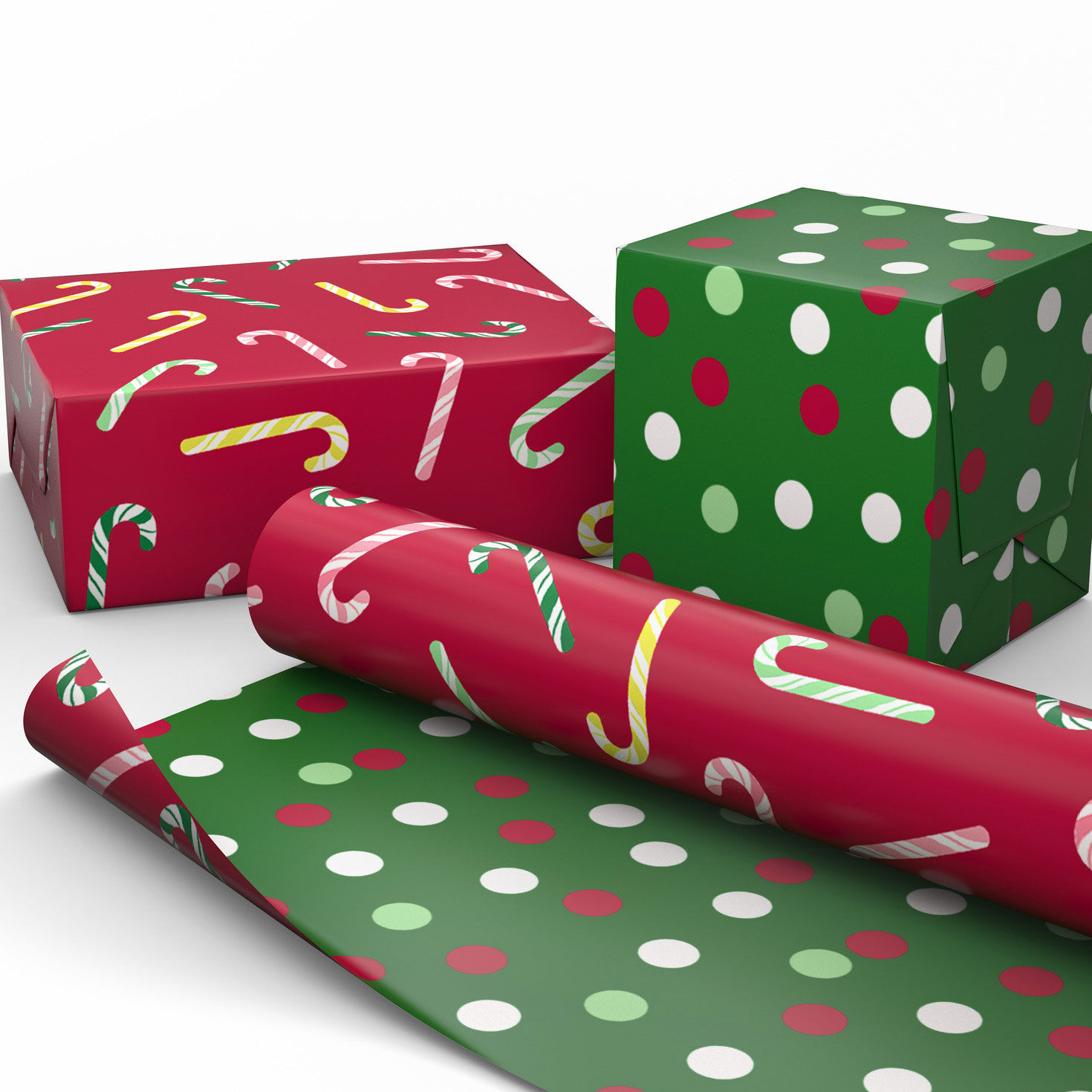 Candy Canes on Red/Dots on Green Christmas Reversible Wrapping Paper ...