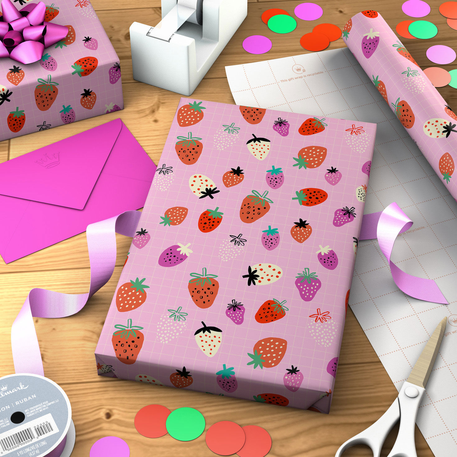 Strawberry-Scented Colorful Berries on Pink Wrapping Paper Roll, 15 sq ...