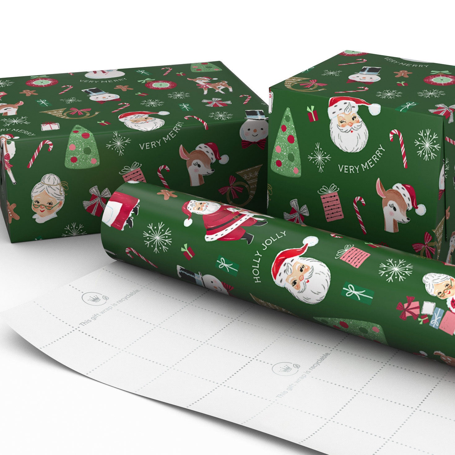Retro Christmas Friends on Green Wrapping Paper Roll, 35 sq. ft ...