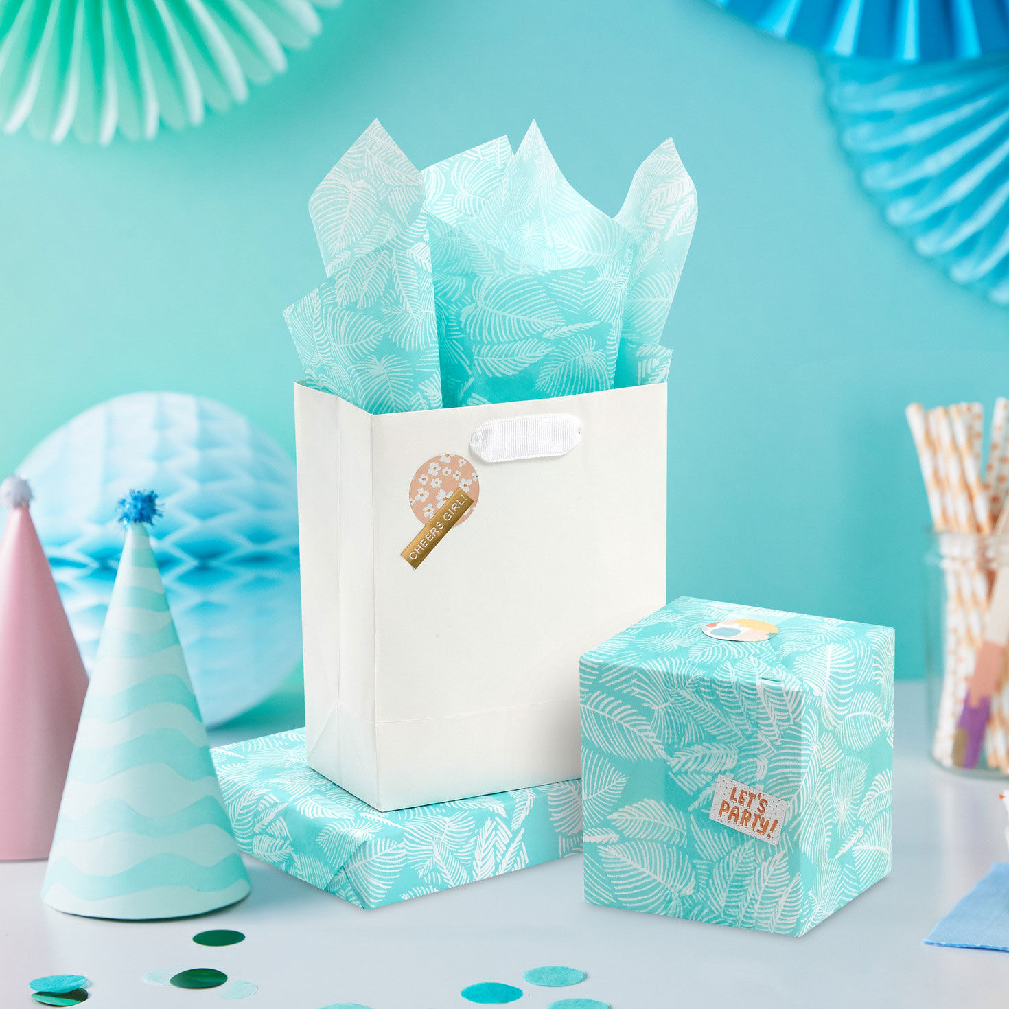 Tropical Leaves on Aqua Tissue Paper With Gift Tag Stickers, 6 sheets ...
