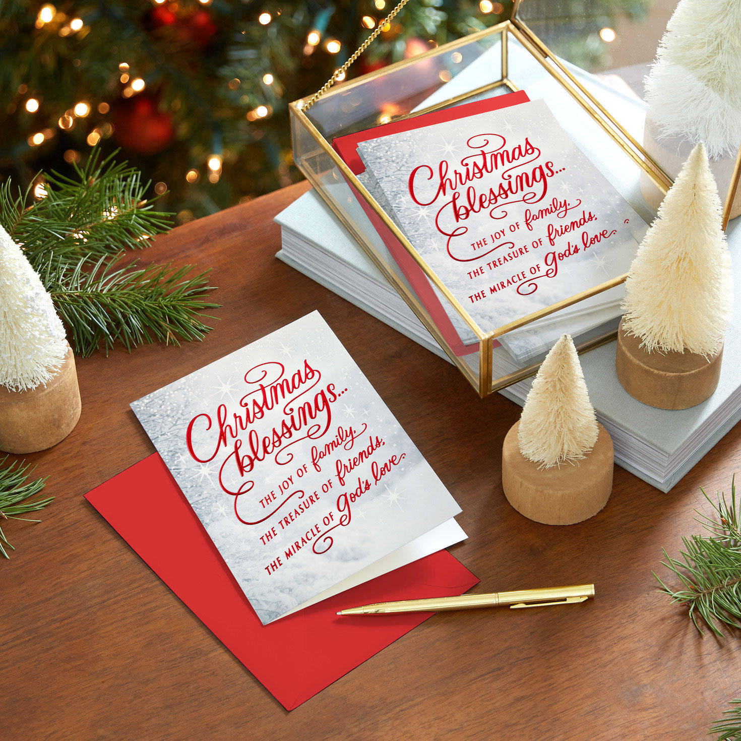 Red Script and Snowy Evergreens Boxed Christmas Cards, Pack of 16 ...