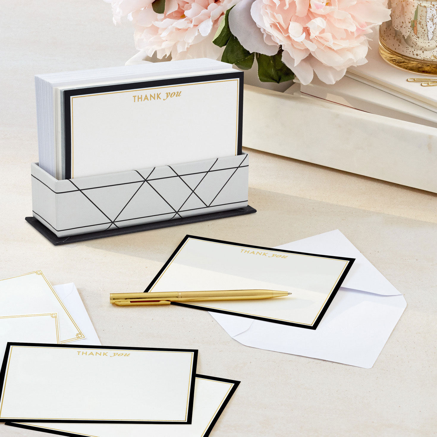 Black and Gold Blank Flat Note Cards in Caddy, Pack of 40 - Note Cards ...