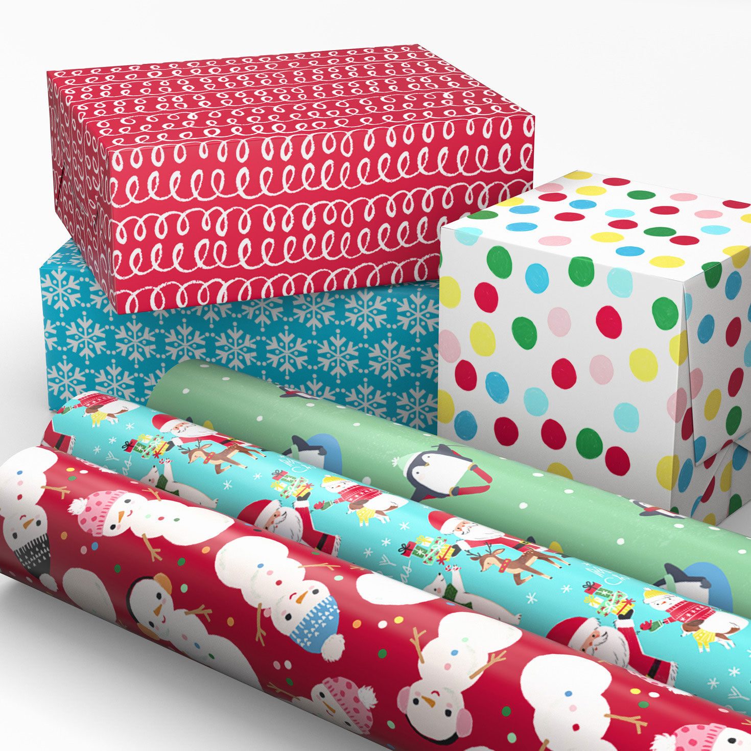 Penguins, Doodles and Polka Dots 6-Pack Assorted Christmas Wrapping ...