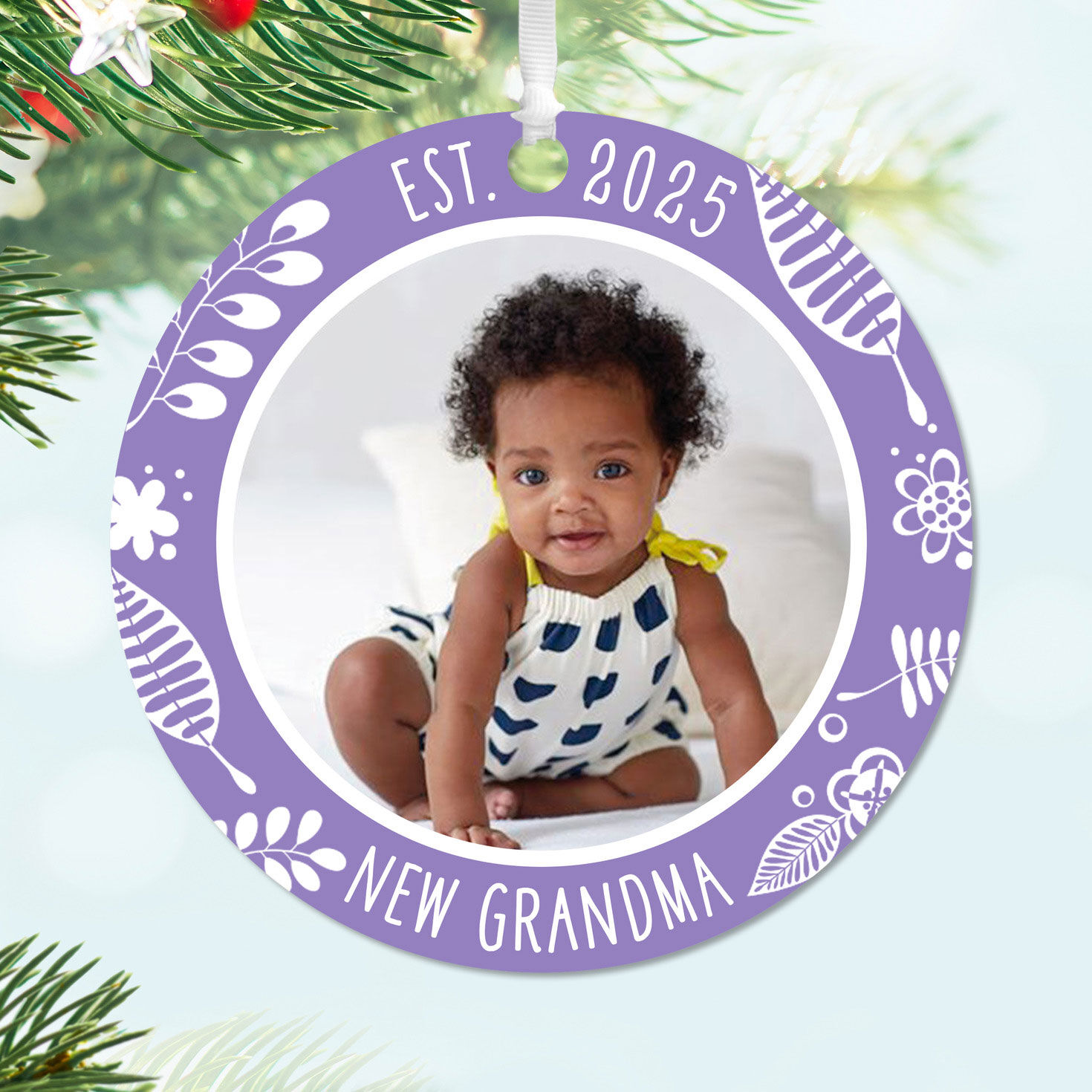 New Grandma Round Metal Personalized Ornament, Custom Photo and Text ...