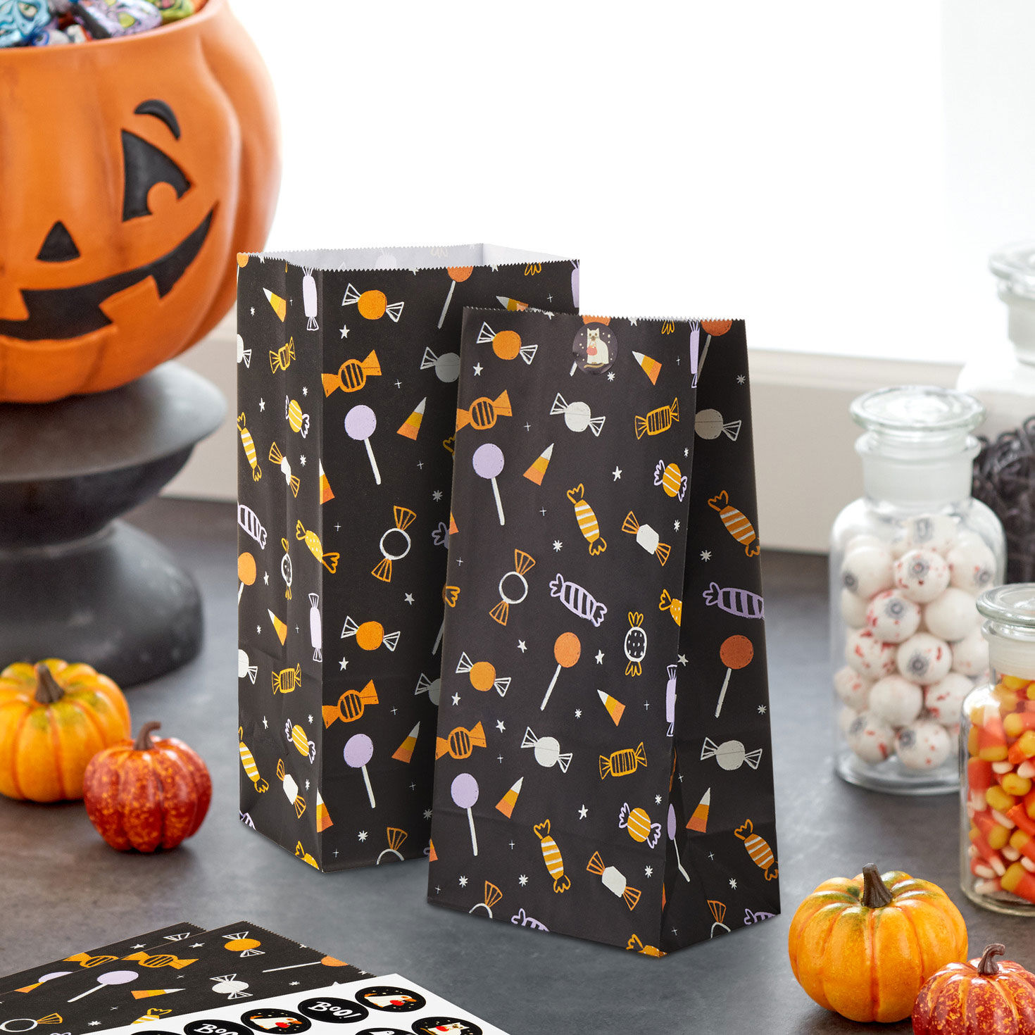 Halloween Candies on Black 12-Pack Goodie Bags With Sticker Seals ...