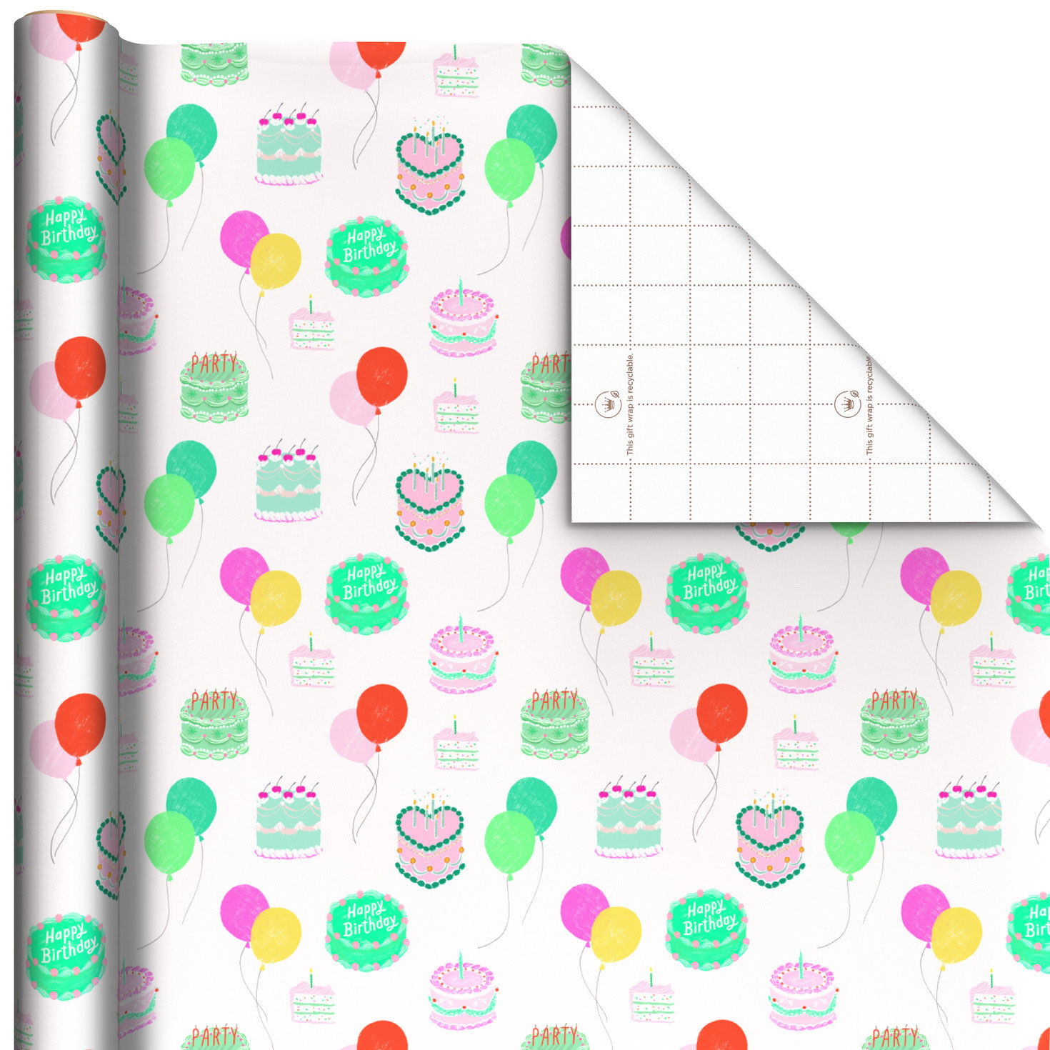 Colorful Birthday Cakes on White Wrapping Paper Roll, 20 sq. ft ...