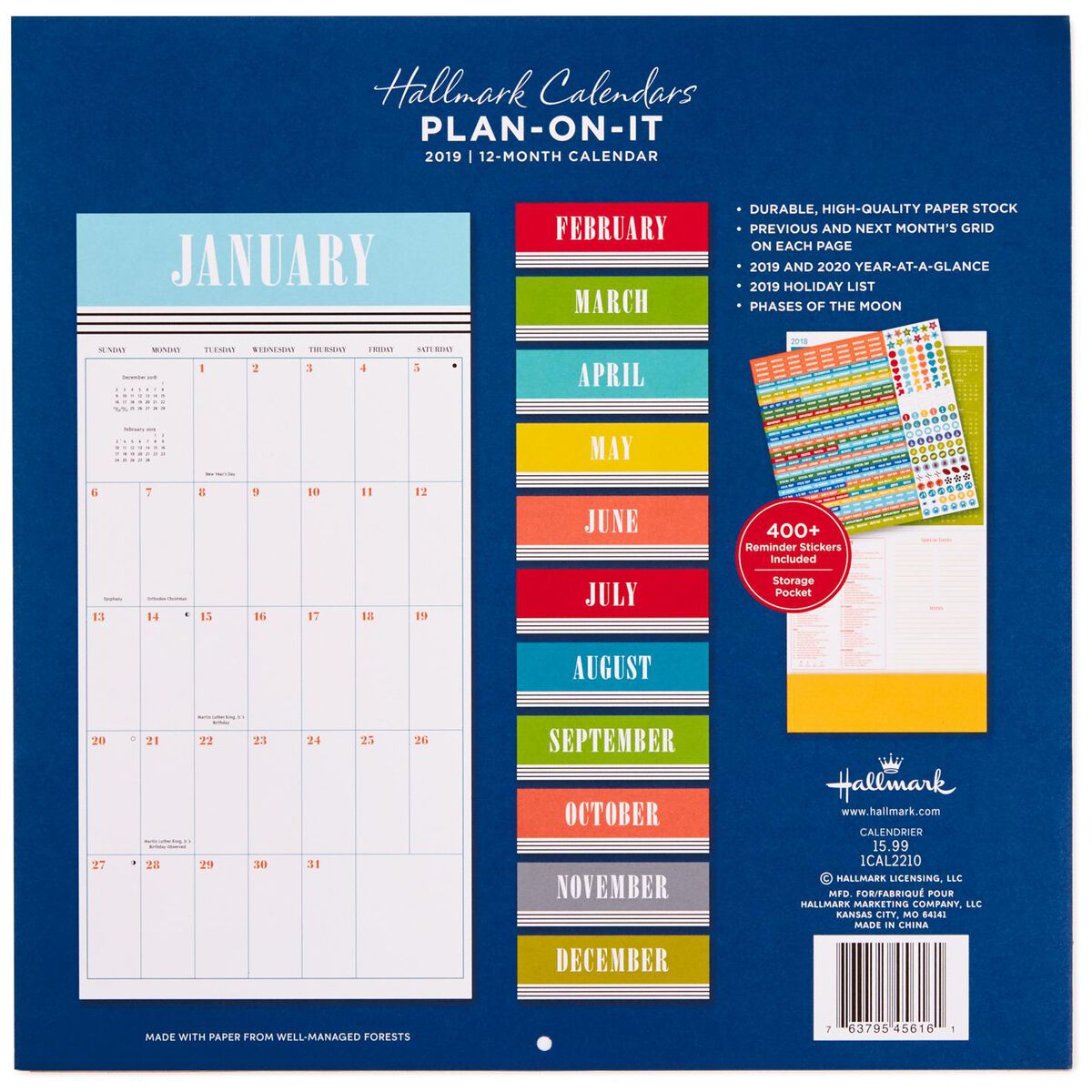 Family Large Grid 2019 Wall Calendar With Stickers, 12-Month ...