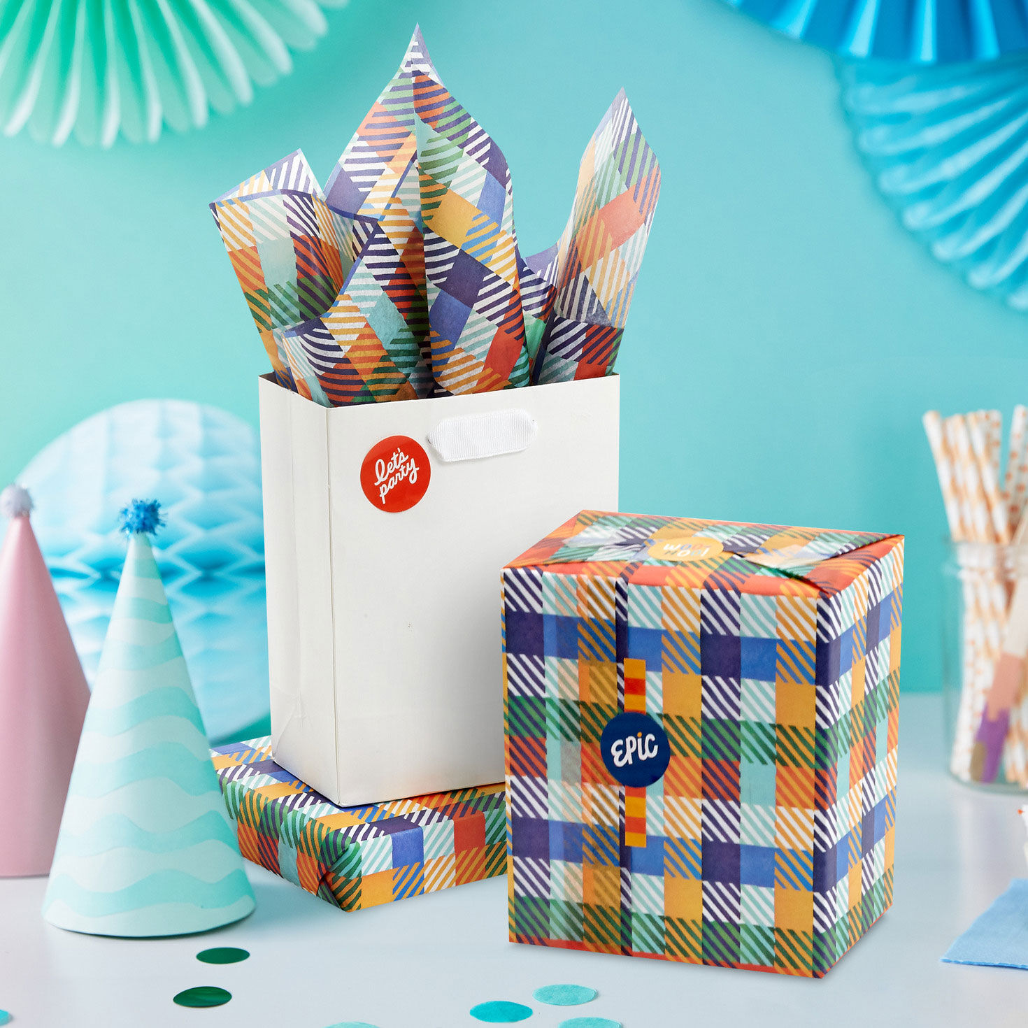 Colorful Plaid Tissue Paper With Gift Tag Stickers, 6 sheets - Tissue ...