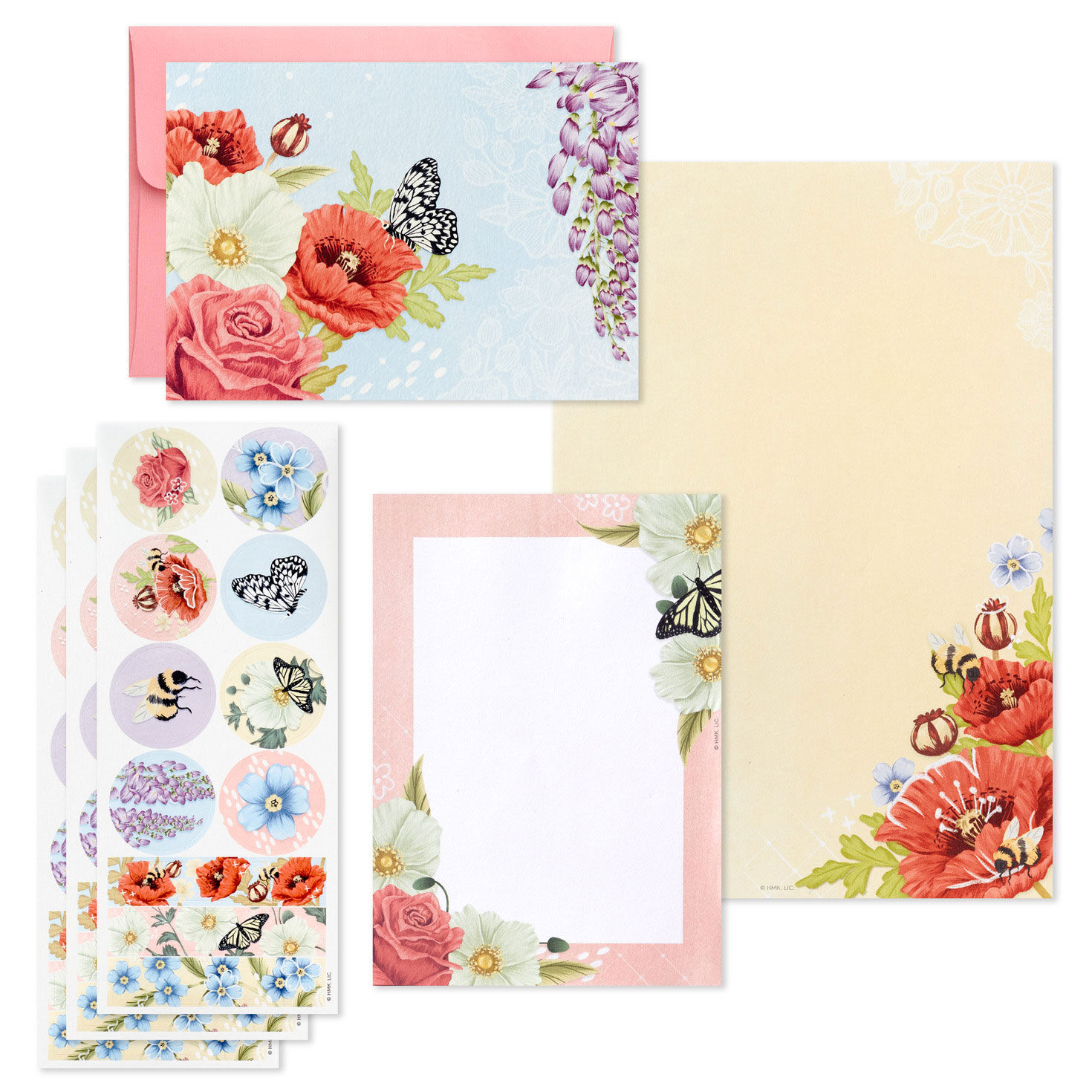 Pink Floral Stationery Set and Desk Organizer Box - Note Cards ...