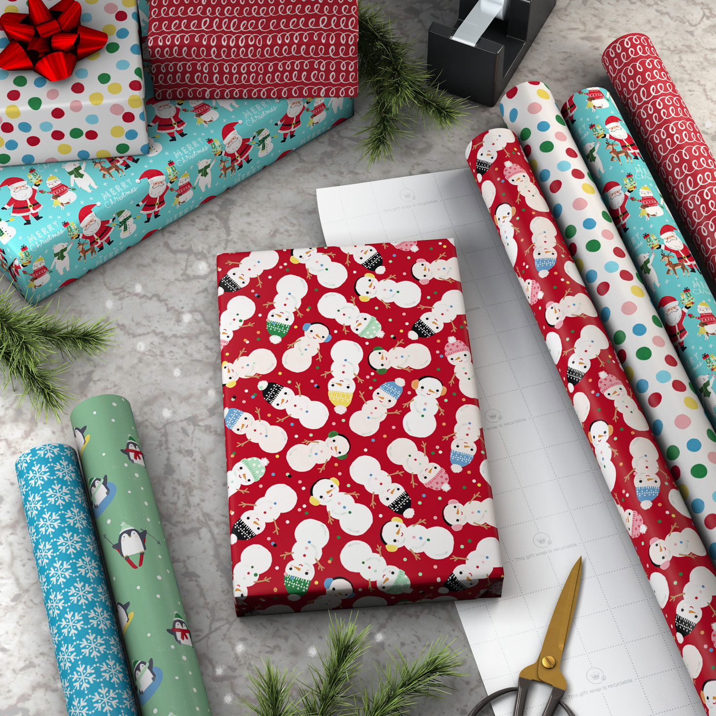 Penguins, Doodles and Polka Dots 6-Pack Assorted Christmas Wrapping ...