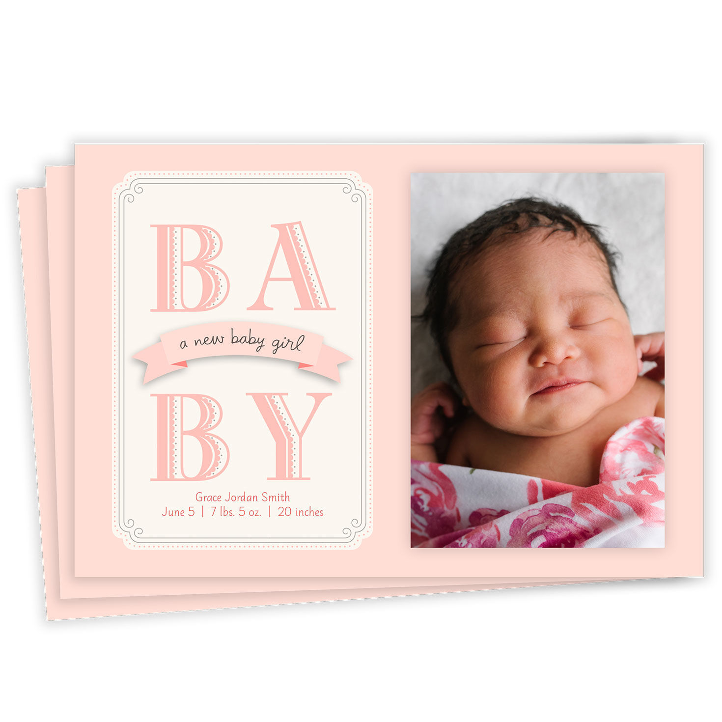 Classic Pink Banner Baby Girl Flat Birth Announcement - Announcements ...