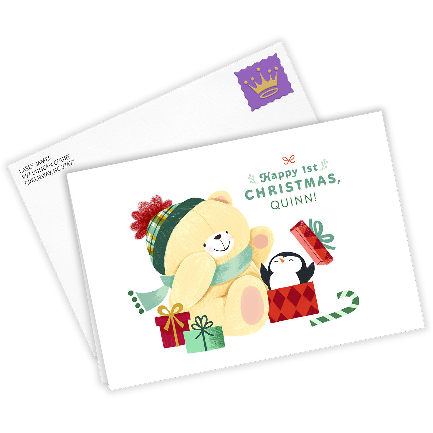 Teddy and Penguin Baby's First Custom Christmas Card - Greeting Cards ...