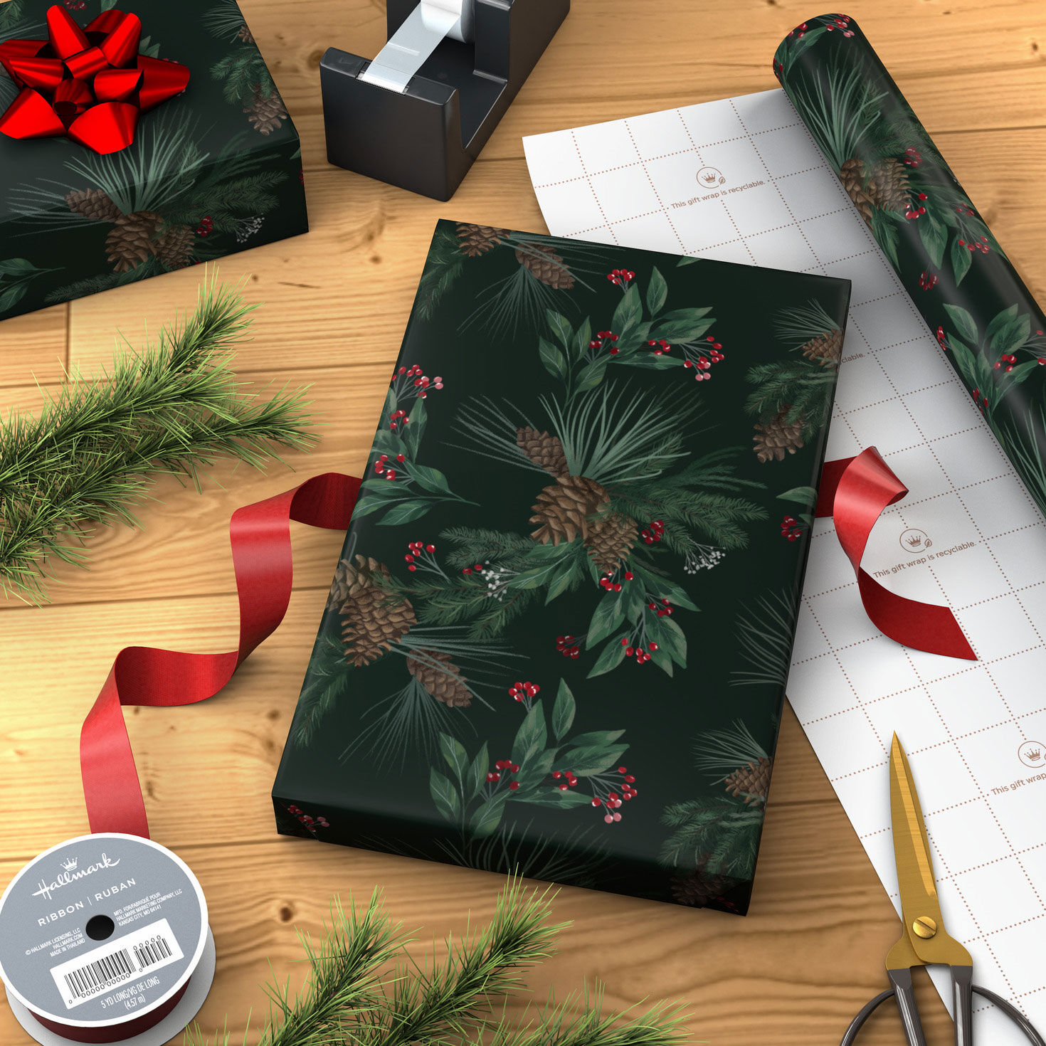 Pine-Scented Holiday Boughs on Black Christmas Wrapping Paper Roll, 20 ...