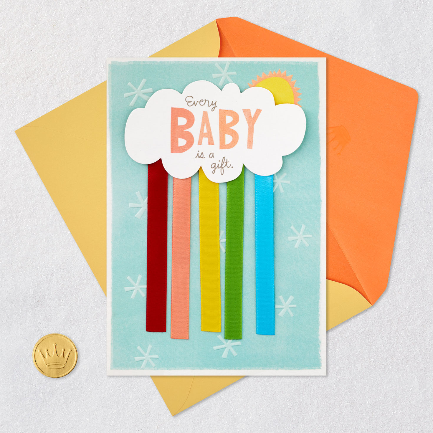 Sun and Cloud With Rainbow Streamers New Baby Card - Greeting Cards ...