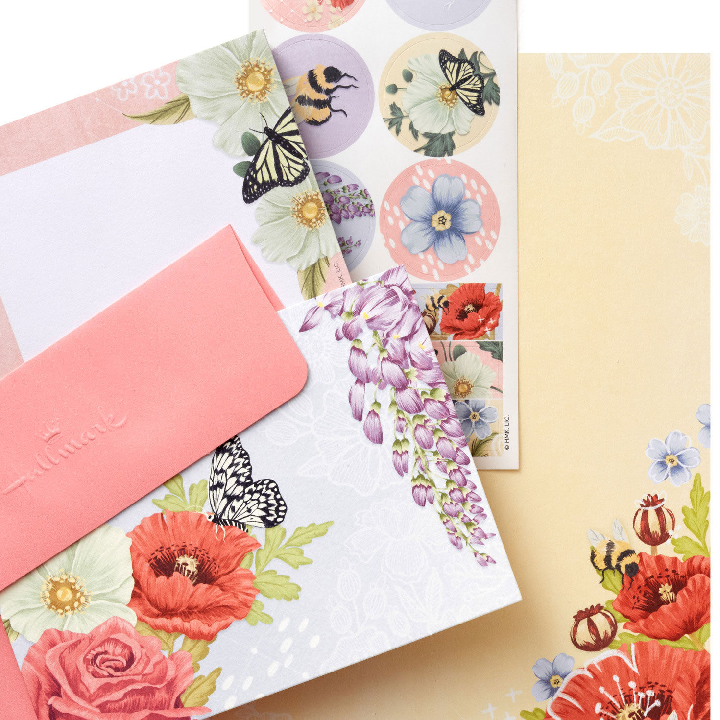 Pink Floral Stationery Set and Desk Organizer Box - Note Cards ...