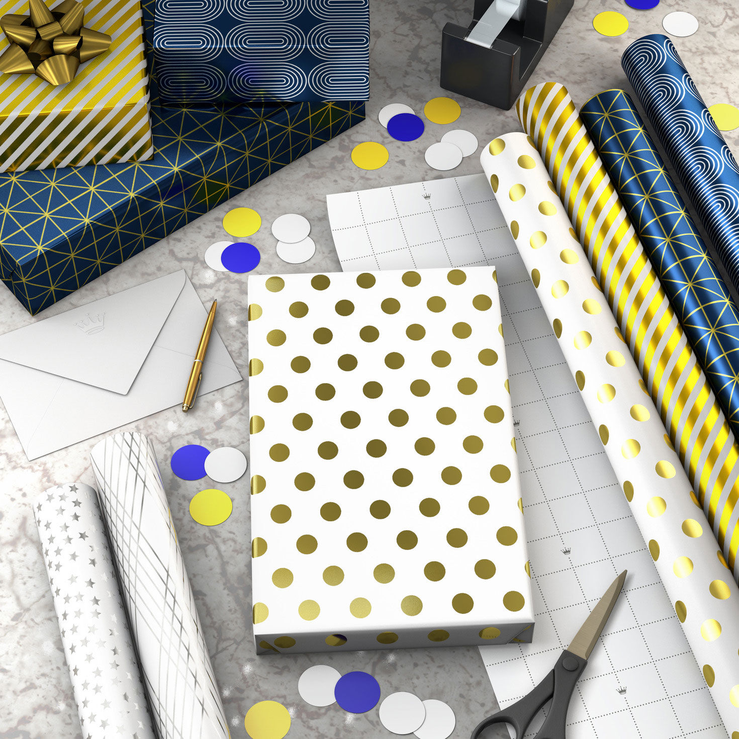 Geometric Metallics 6-Pack Assorted Wrapping Paper Roll Bundle, 180 sq ...