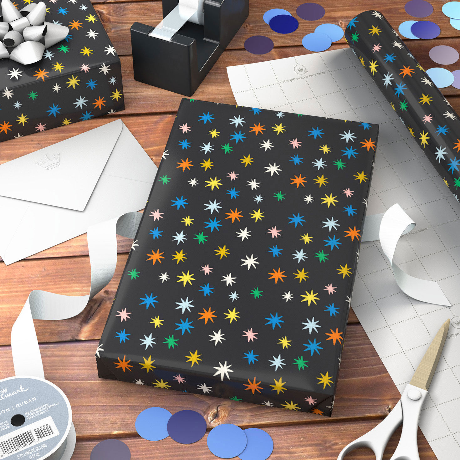 Colorful Stars on Black Wrapping Paper, 20 sq. ft. - Wrapping Paper ...