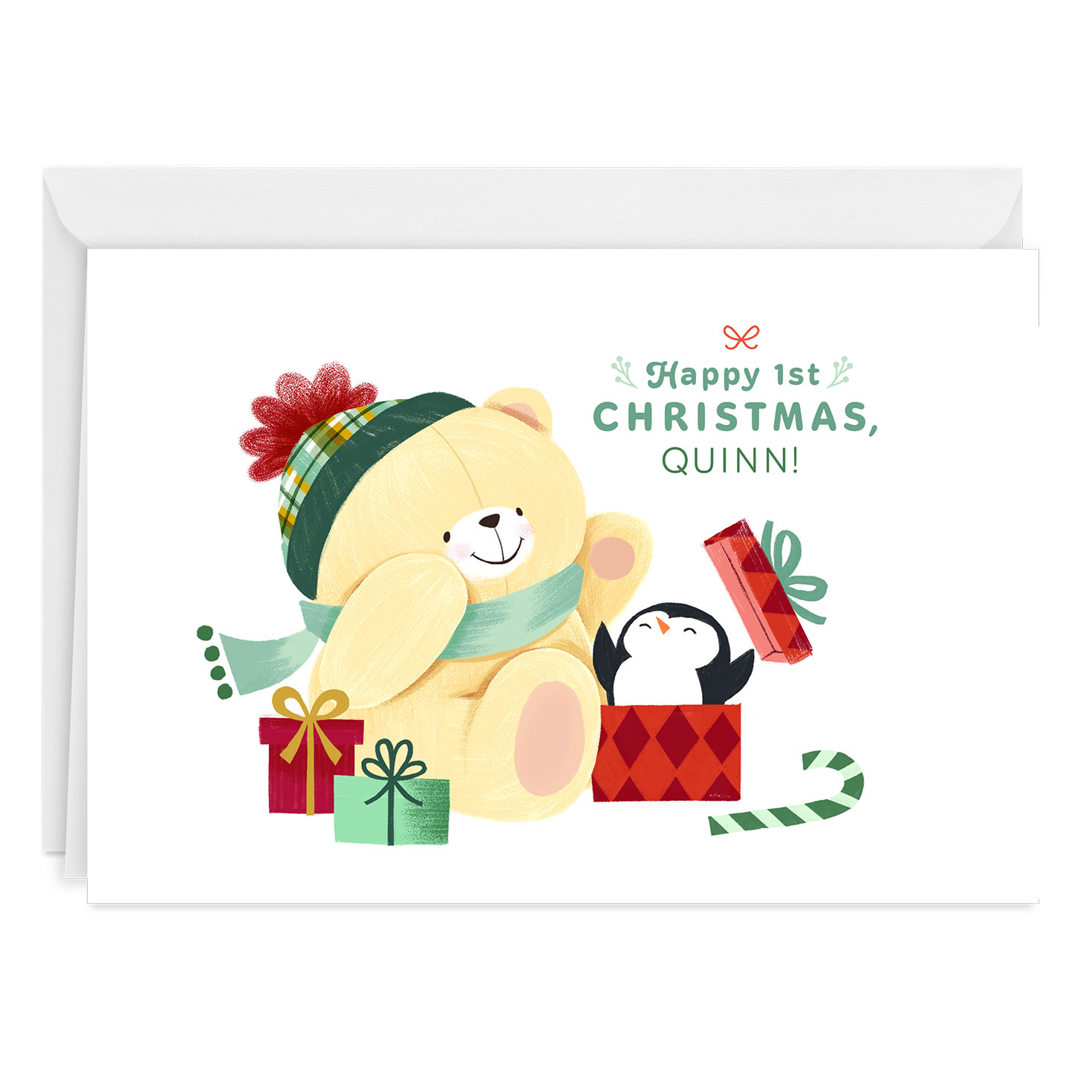 Teddy and Penguin Baby's First Custom Christmas Card - Greeting Cards ...