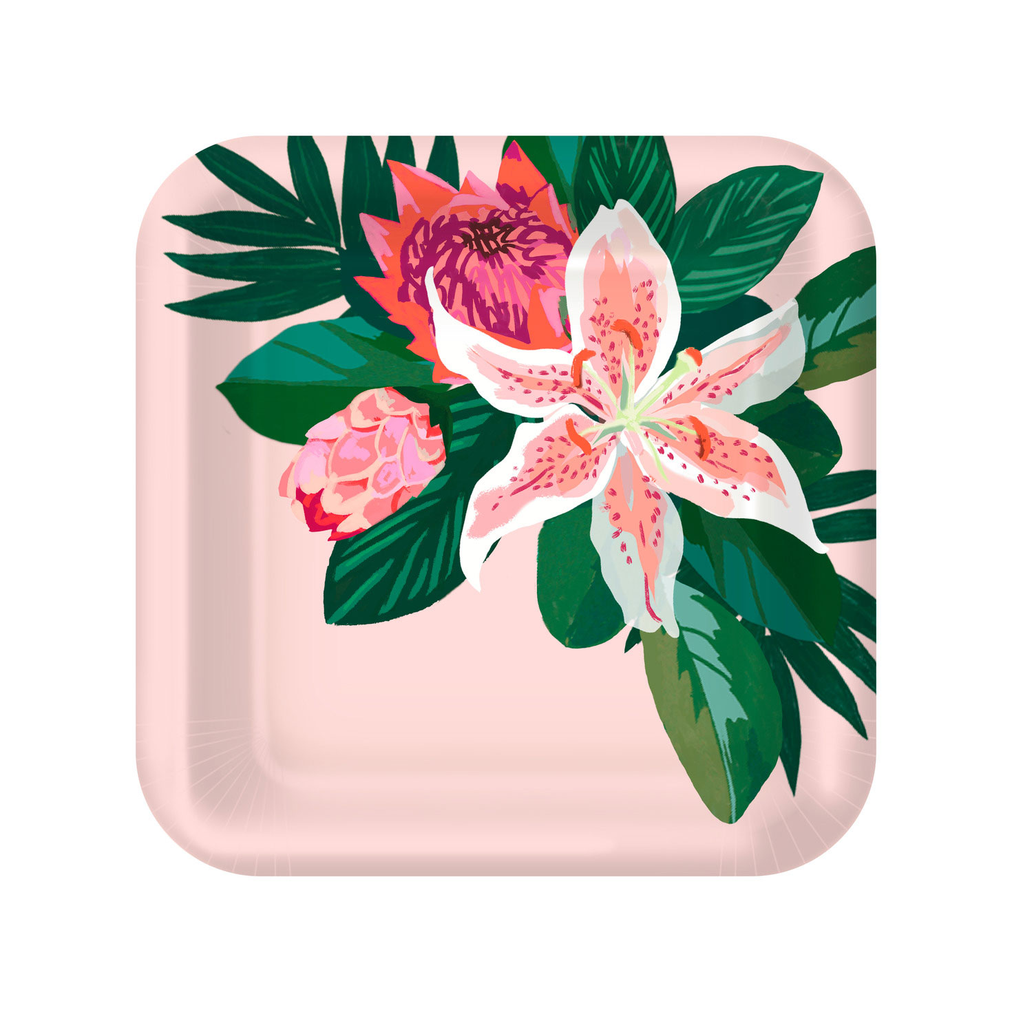 Lily Bouquet on Pink Square Dinner Plates, Set of 8 - Party Plates ...