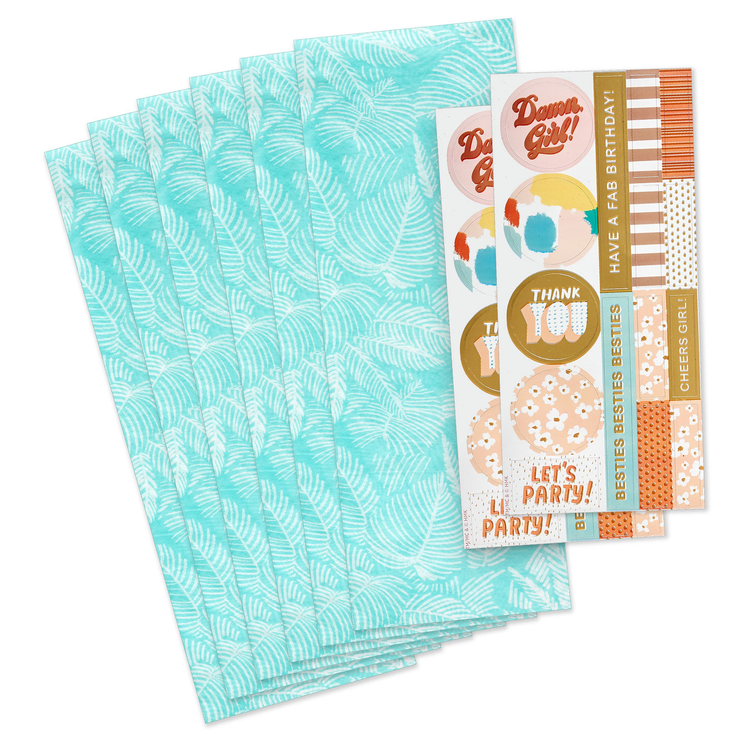 Tropical Leaves on Aqua Tissue Paper With Gift Tag Stickers, 6 sheets ...