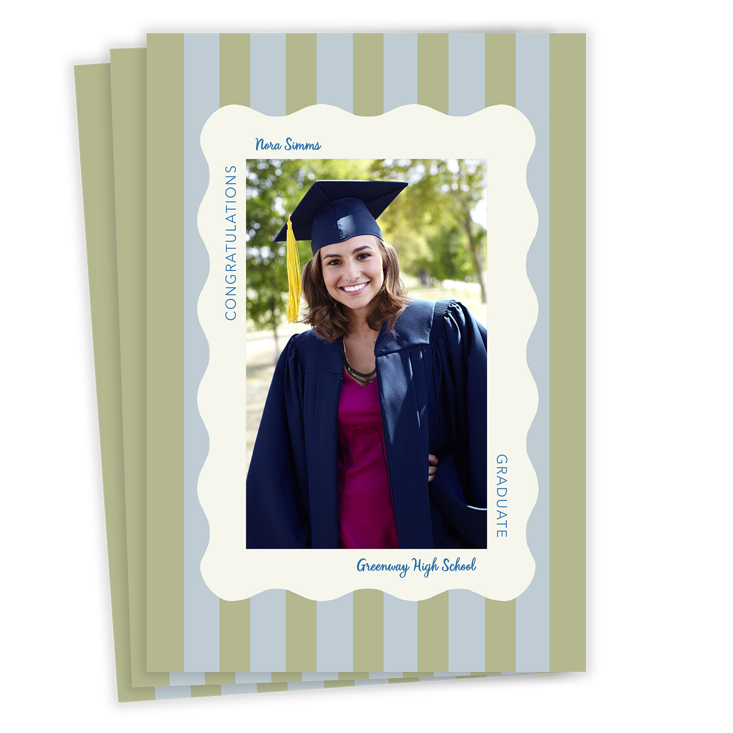 Scalloped Frame on Stripes Flat Graduation Announcement - Announcements ...