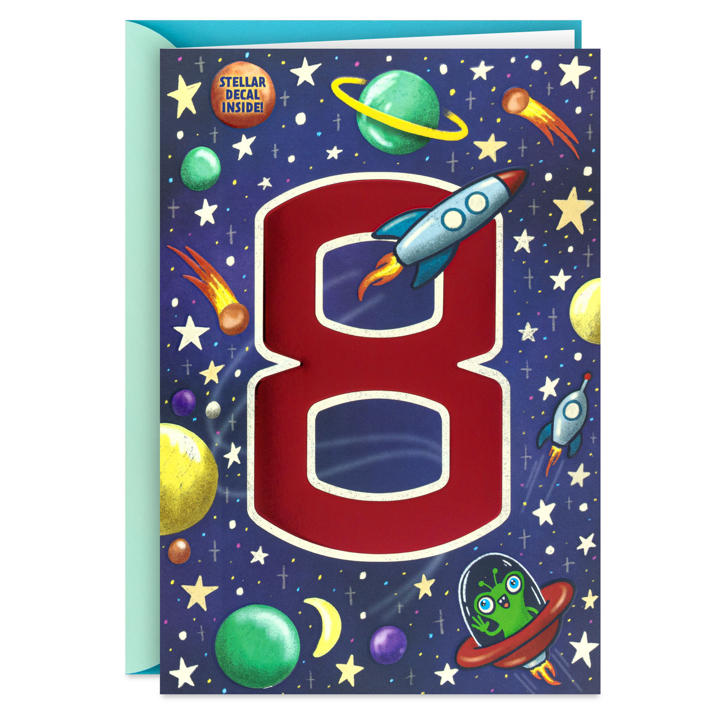 You're a Stellar Kid 8th Birthday Card With Alien Decal - Greeting ...