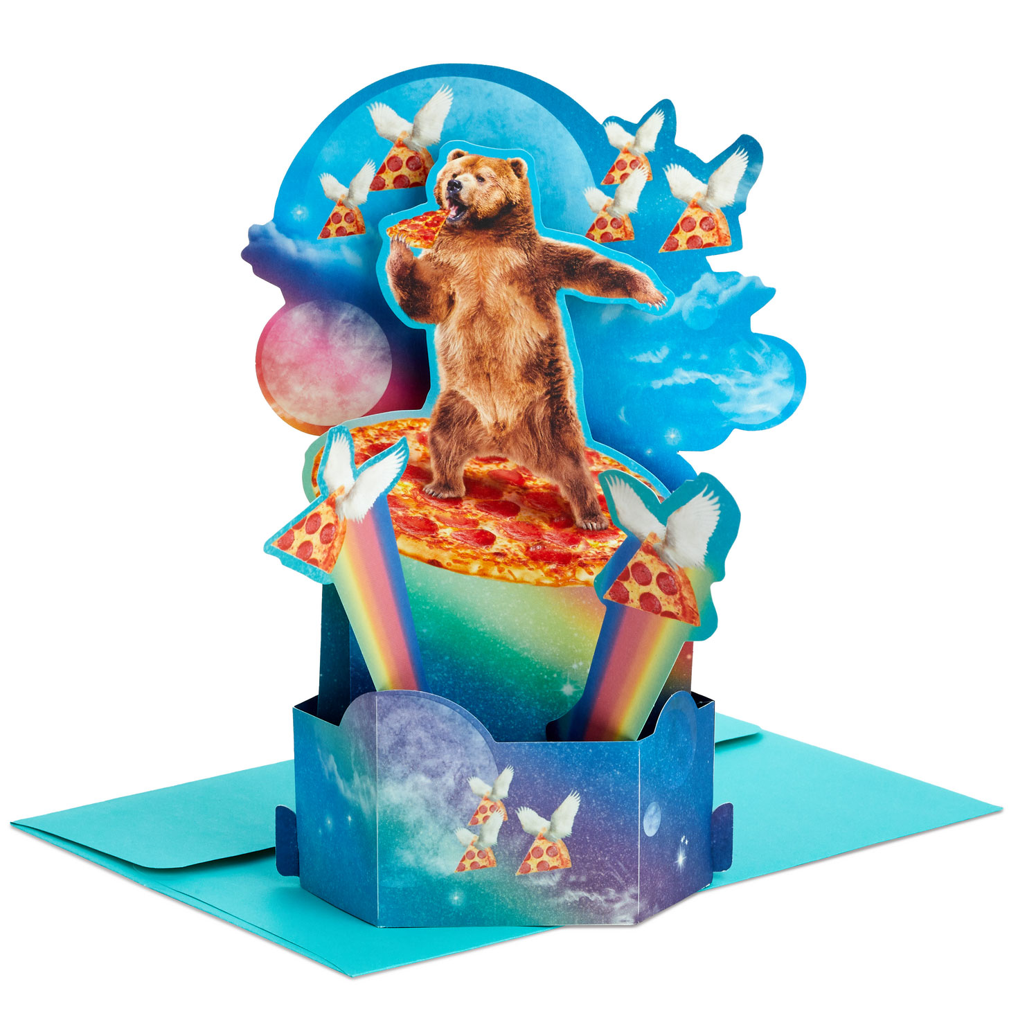 Bear Eating Pizza in Space Awesome Day Funny 3D Pop-Up Card - Greeting ...