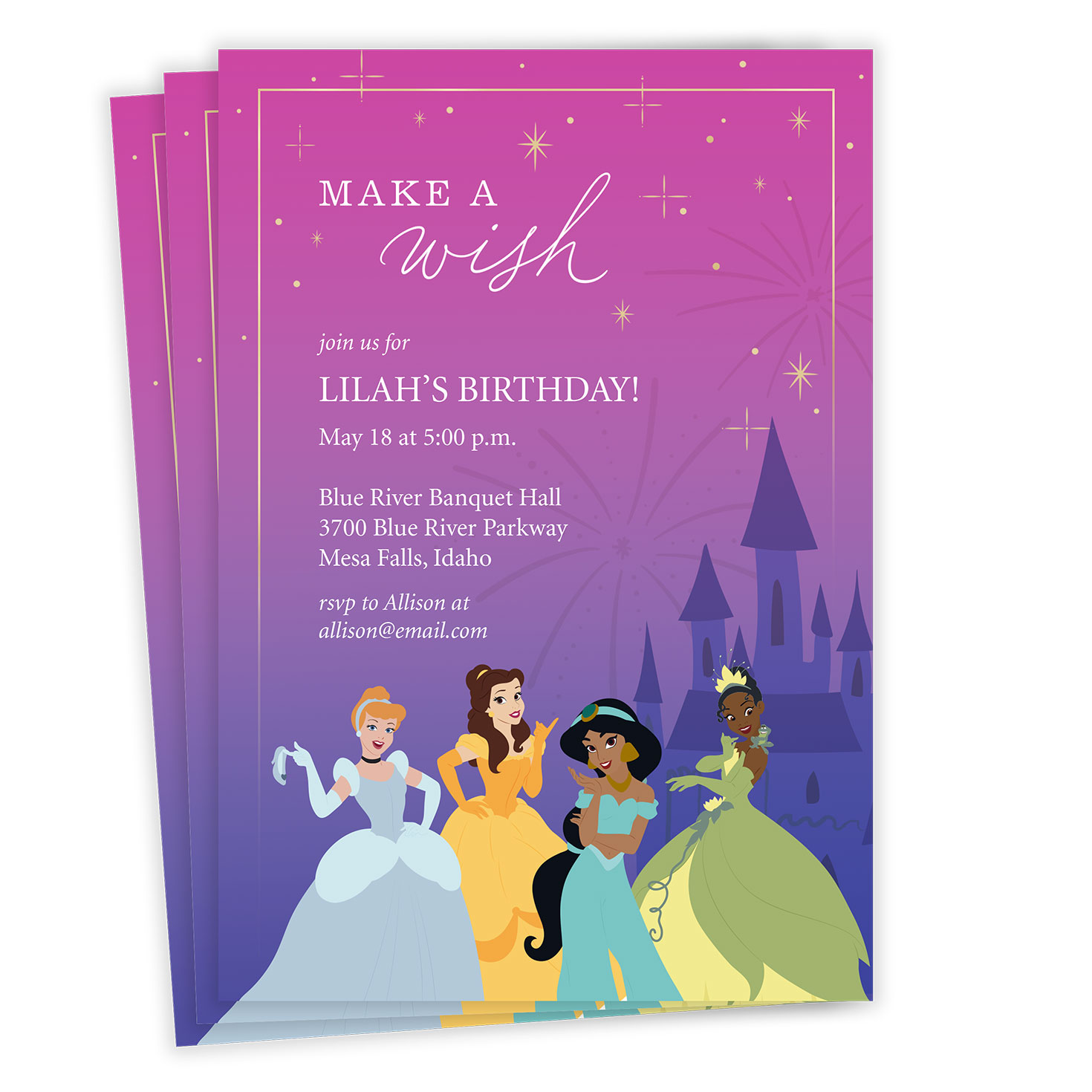 Disney Princess Make a Wish Flat Birthday Invitation - Invitations ...
